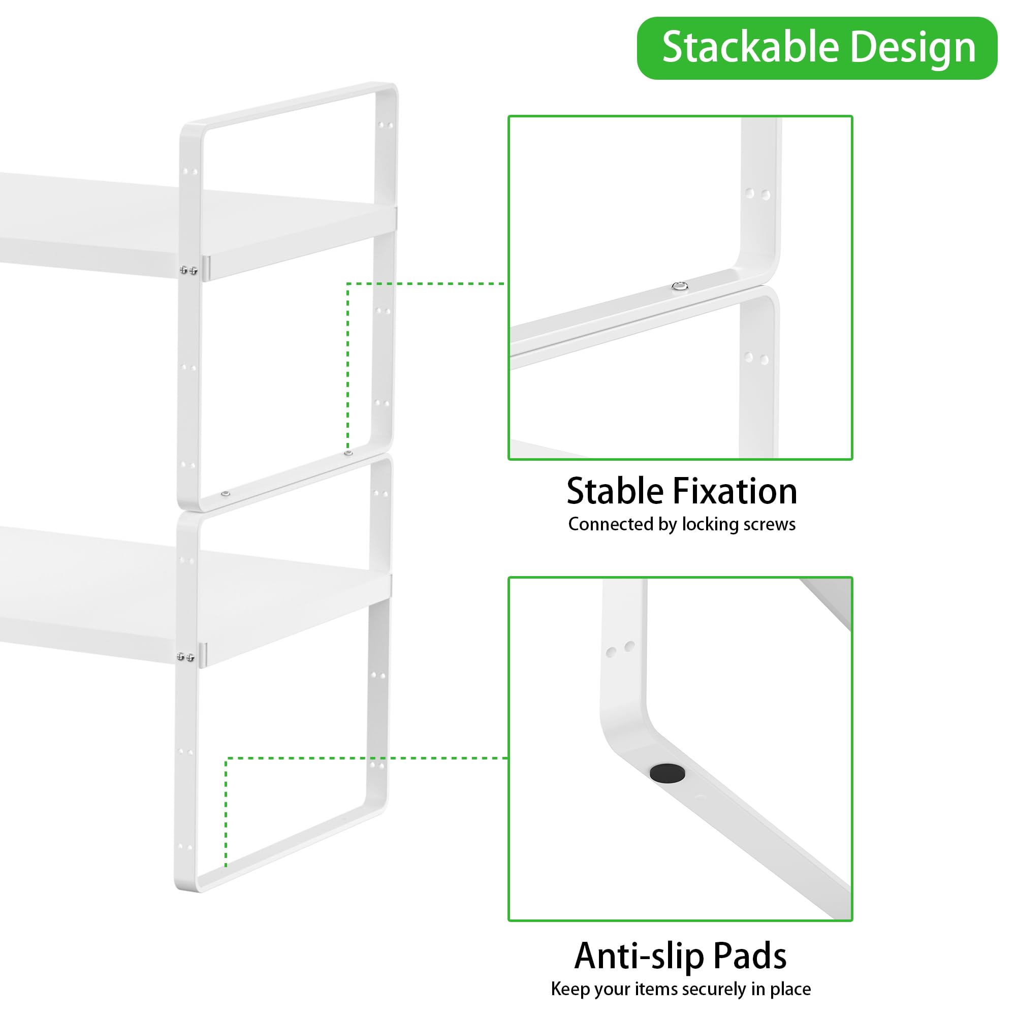 SOFRON Expandable Cabinet Storage Shelf Stackable Organizer Rack for Kitchen Bathroom Pantry Spice Cupboard Countertop Home Office Desk Heavy Duty Nonslip White Large 1 Pack