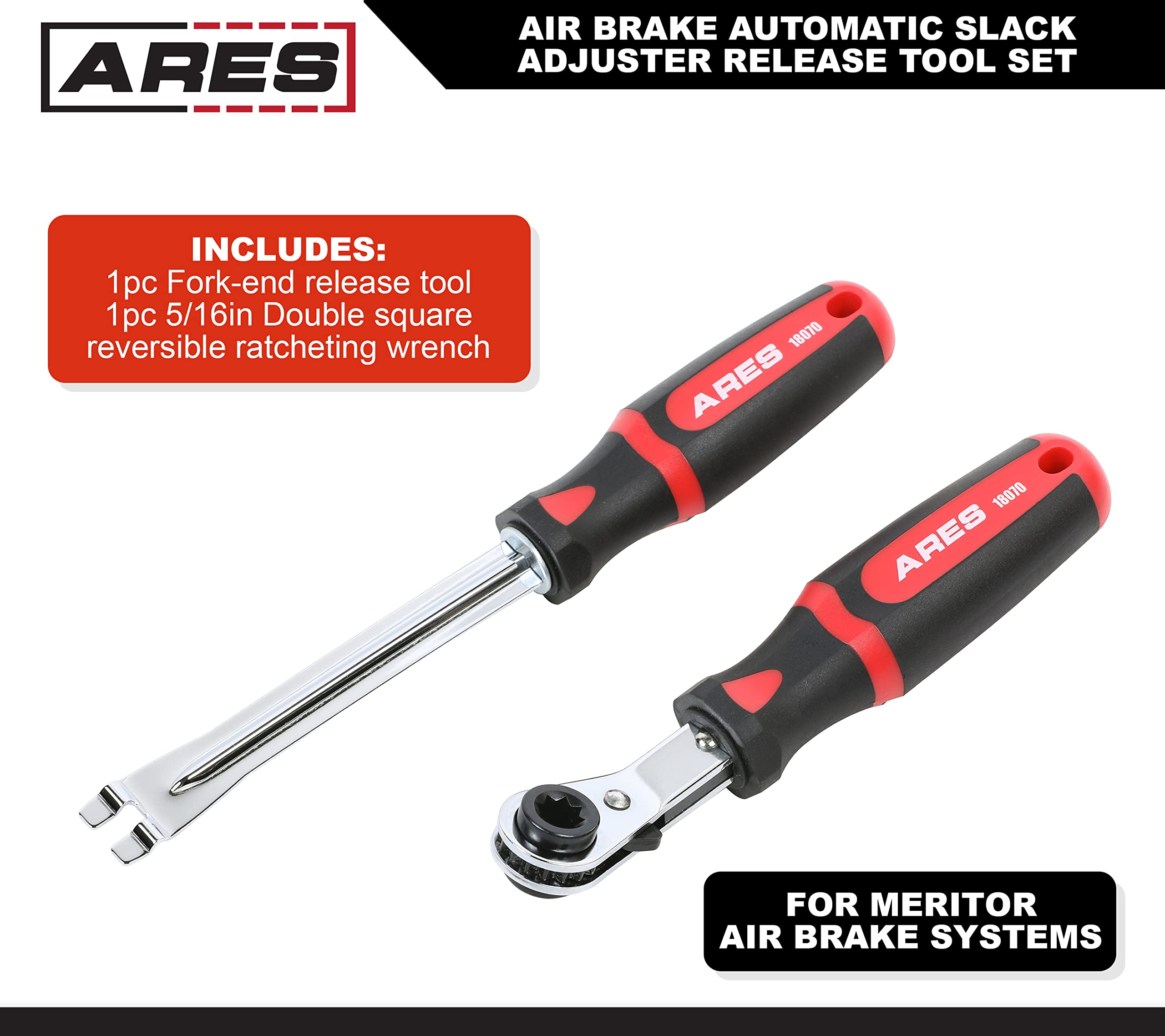 ARES 18070 – 2-Piece Automatic Slack Adjuster Release Tool and Wrench – Fork End Release Tool and Double Square Ratcheting Wrench for Air Brake System Adjustments – Carbon Steel Construction