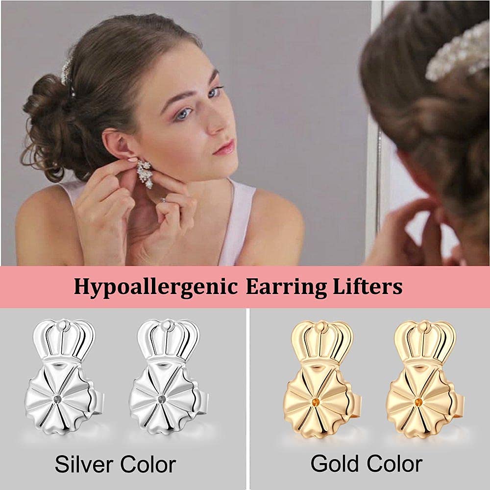 3 Pairs Earring Lifters,8MM Hypoallergenic Earring Backs for Droopy Ears,Adjustable Crown Earring Backs for Heavy Earring (8MM 2silver +1gold)