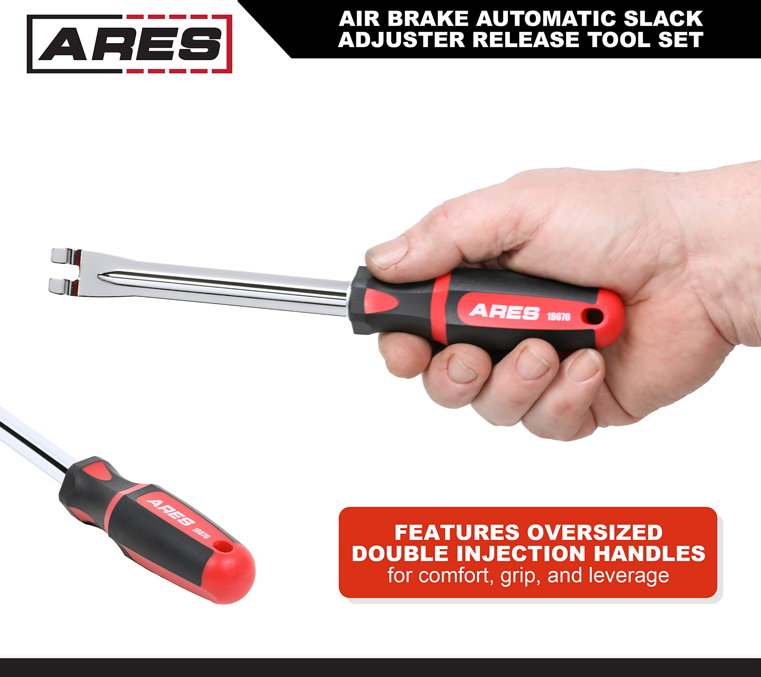 ARES 18070 – 2-Piece Automatic Slack Adjuster Release Tool and Wrench – Fork End Release Tool and Double Square Ratcheting Wrench for Air Brake System Adjustments – Carbon Steel Construction