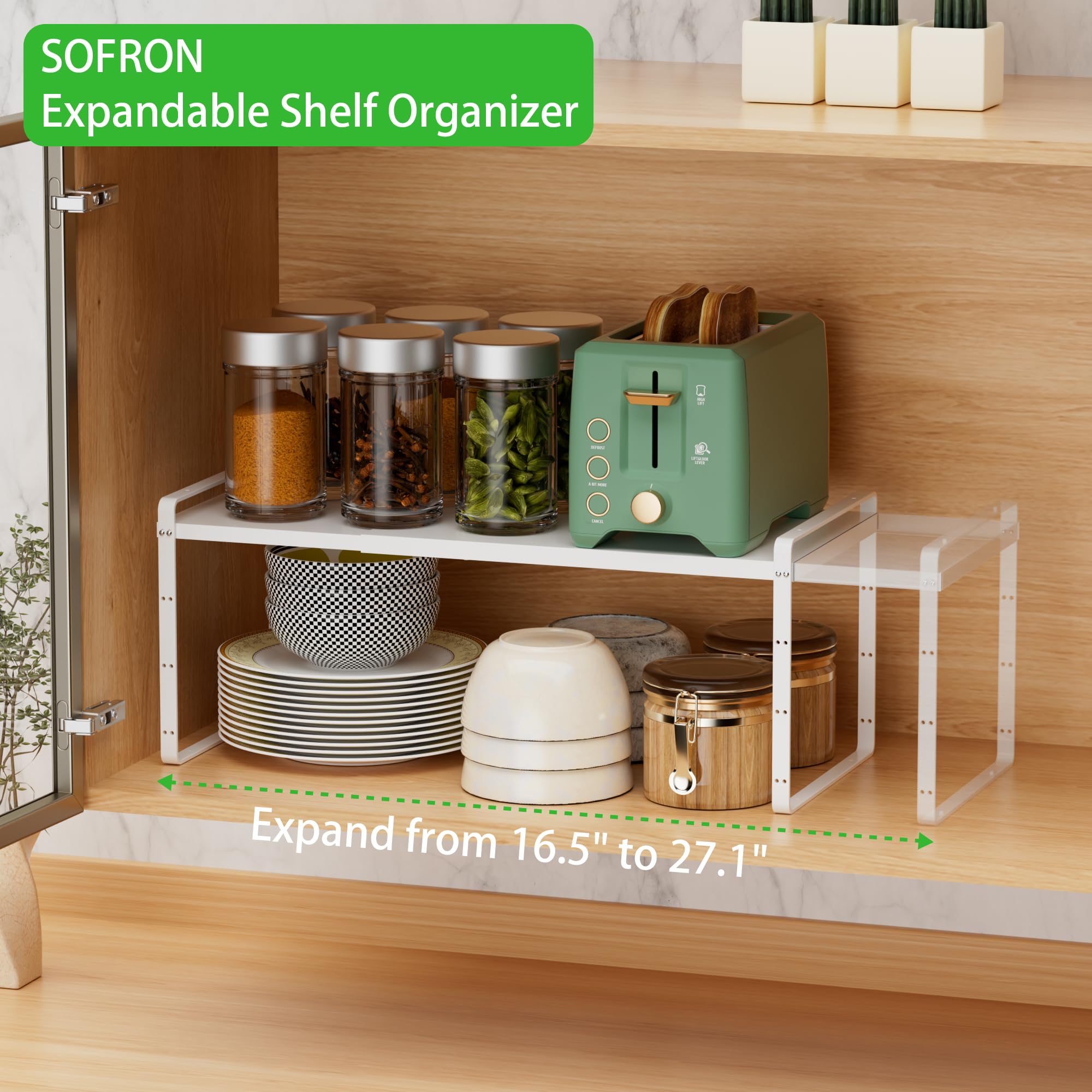 SOFRON Expandable Cabinet Storage Shelf Stackable Organizer Rack for Kitchen Bathroom Pantry Spice Cupboard Countertop Home Office Desk Heavy Duty Nonslip White Large 1 Pack