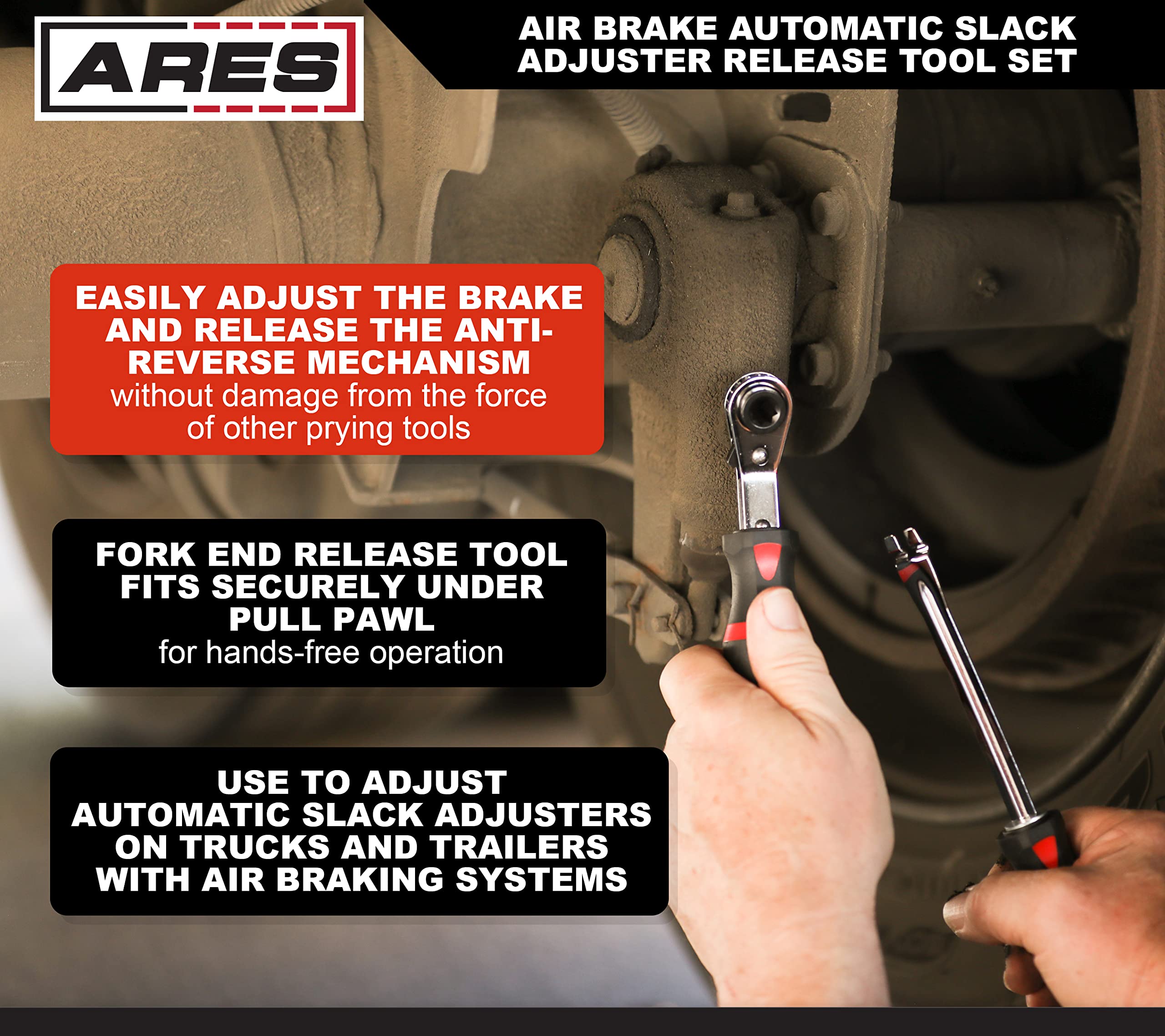 ARES 18070 – 2-Piece Automatic Slack Adjuster Release Tool and Wrench – Fork End Release Tool and Double Square Ratcheting Wrench for Air Brake System Adjustments – Carbon Steel Construction