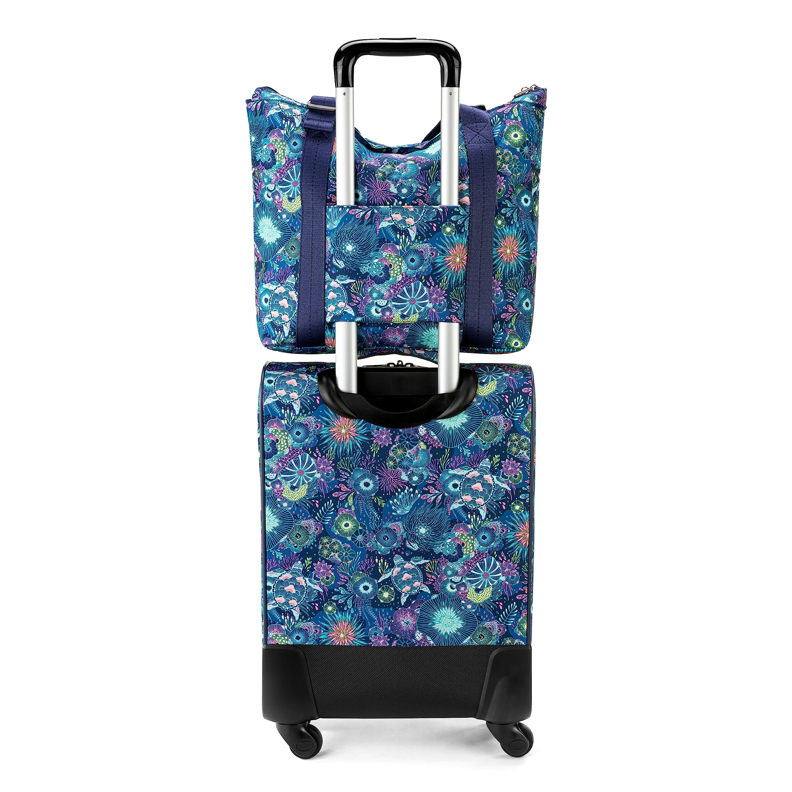 Sakroots On the Go 4 Piece Travel Bundle, Includes 21" Rolling Suitcase, Packable Large Tote, Medium & Small Pouches, Royal Blue Seascape