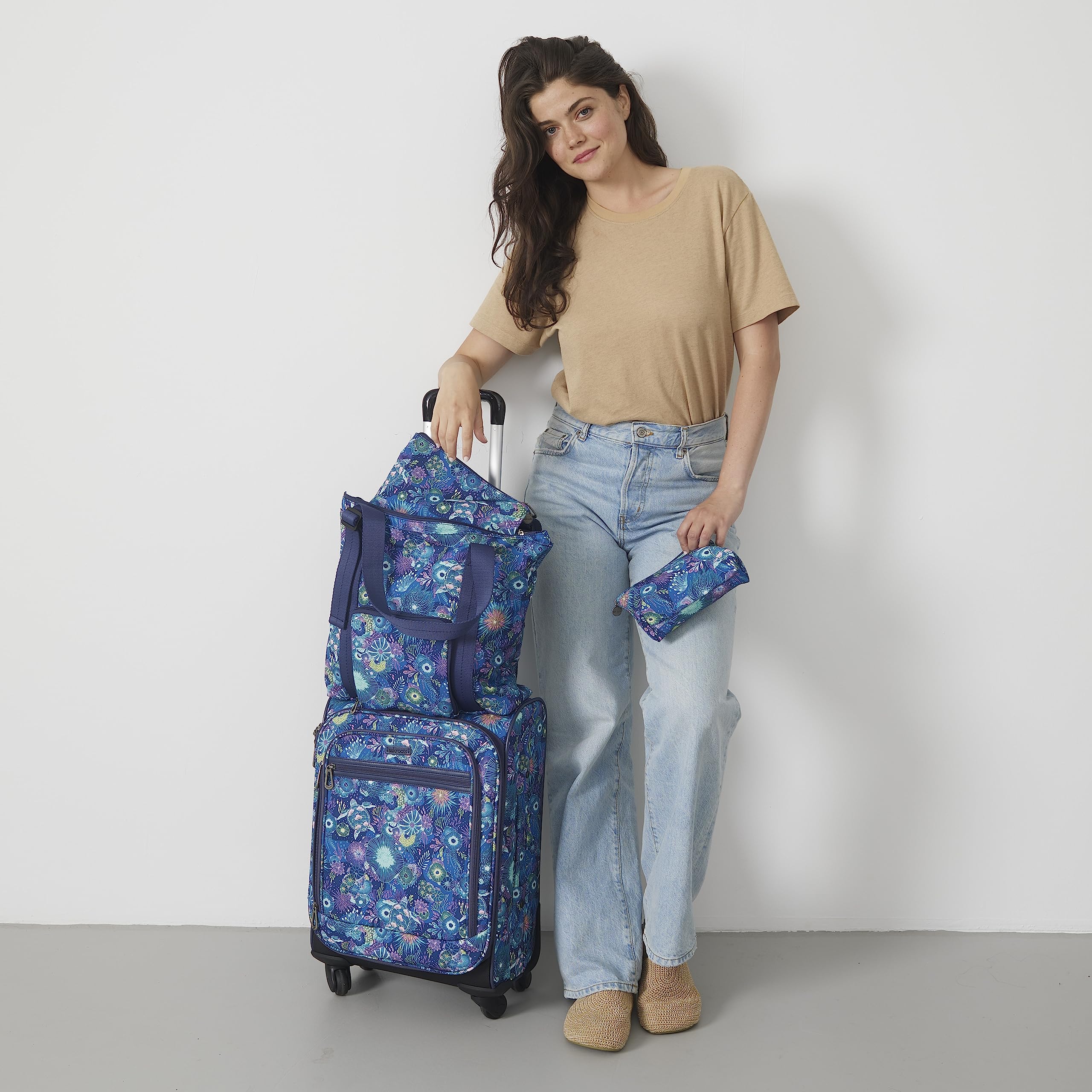 Sakroots On the Go 4 Piece Travel Bundle, Includes 21" Rolling Suitcase, Packable Large Tote, Medium & Small Pouches, Royal Blue Seascape