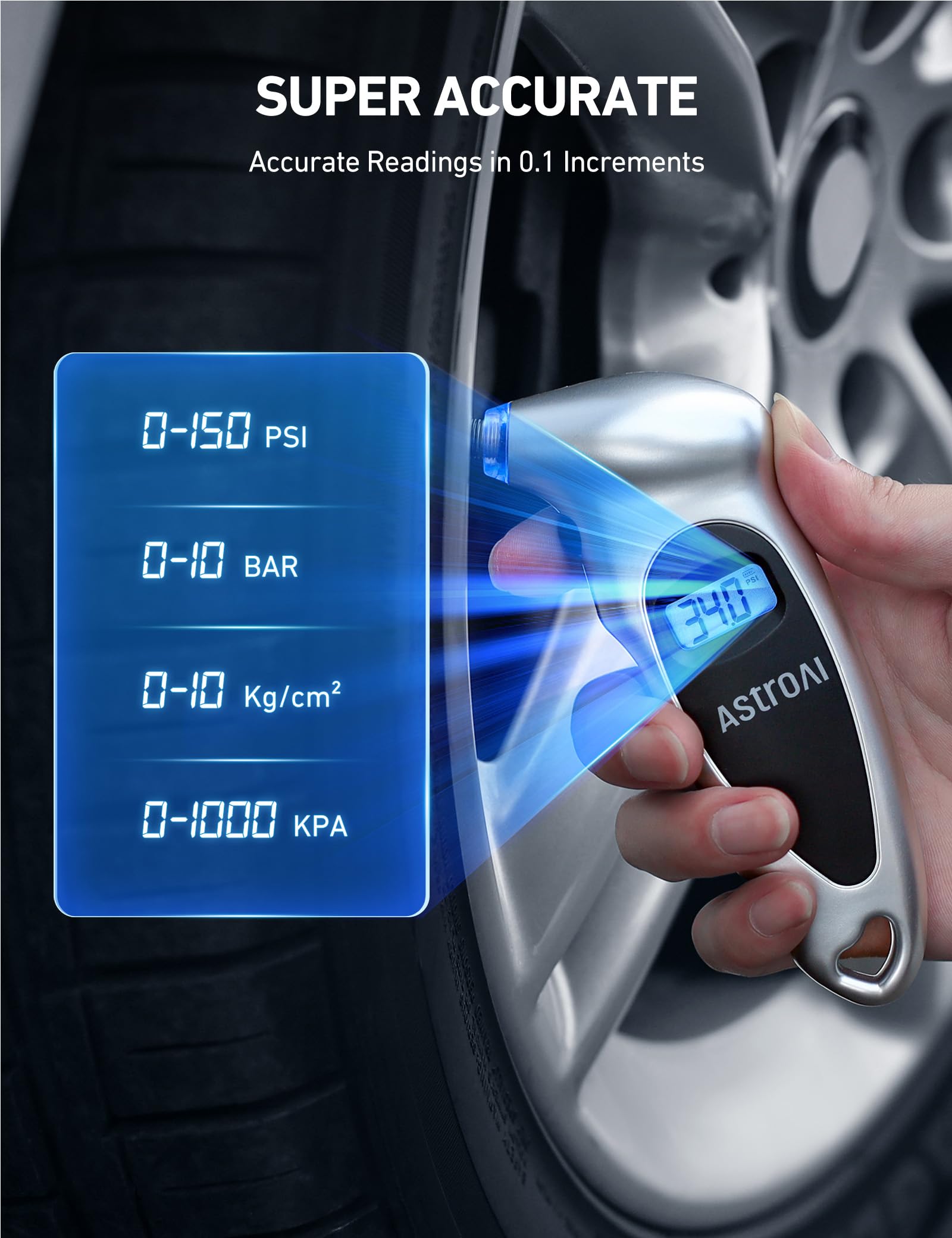AstroAI 3 Pack Digital Tire Pressure Gauge 150 PSI 4 Settings for Car Truck Bicycle with Backlit LCD and Non-Slip Grip, Silver