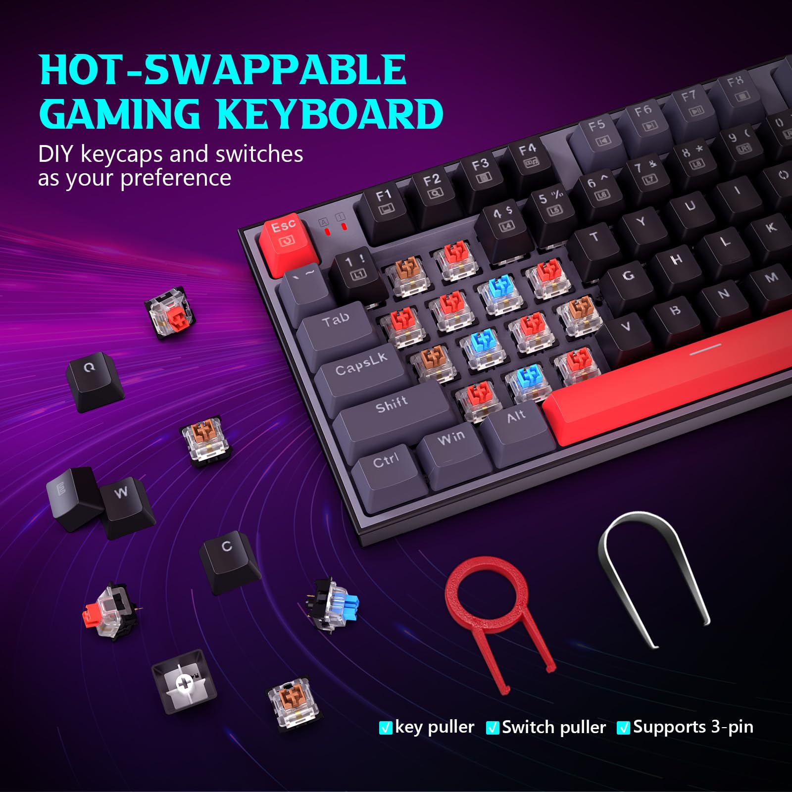 Redragon Mechanical Gaming Keyboard, Wired Mechanical Keyboard with 94 Keys, Programmable Macro Editing, Numeric Pad, Red Switches, Compact Keyboard Mechanical for Pc Mac Ipad, Black Gray