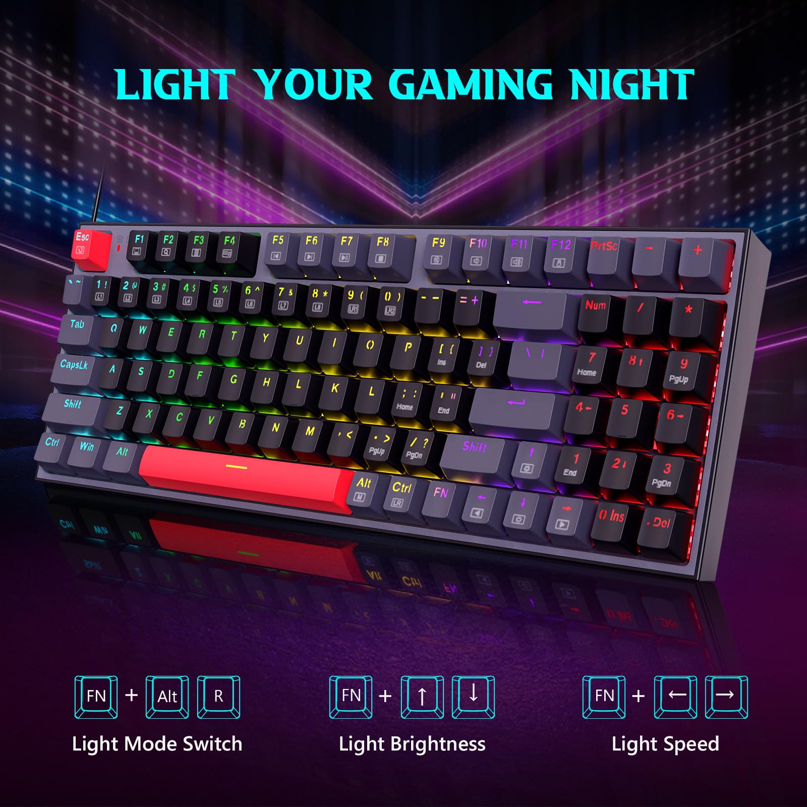 Redragon Mechanical Gaming Keyboard, Wired Mechanical Keyboard with 94 Keys, Programmable Macro Editing, Numeric Pad, Red Switches, Compact Keyboard Mechanical for Pc Mac Ipad, Black Gray