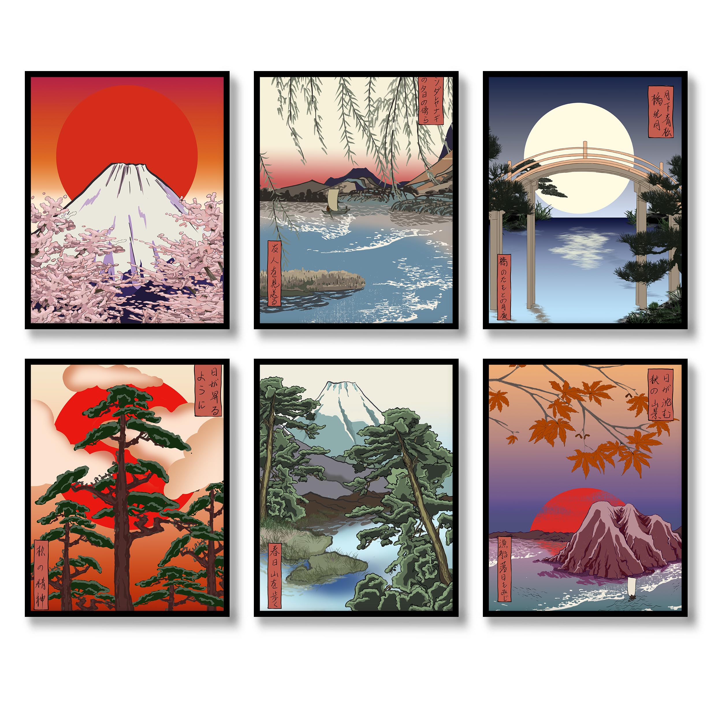 Japanese Wall Art Prints Set of 6 Japan Landscape Posters Vintage Wall Decor Ukiyoe Paintings Aesthetic Scenery Retro Abstract Photo Mount Fuji Picture Canvas Art Painting for Living Room Bedroom Wall