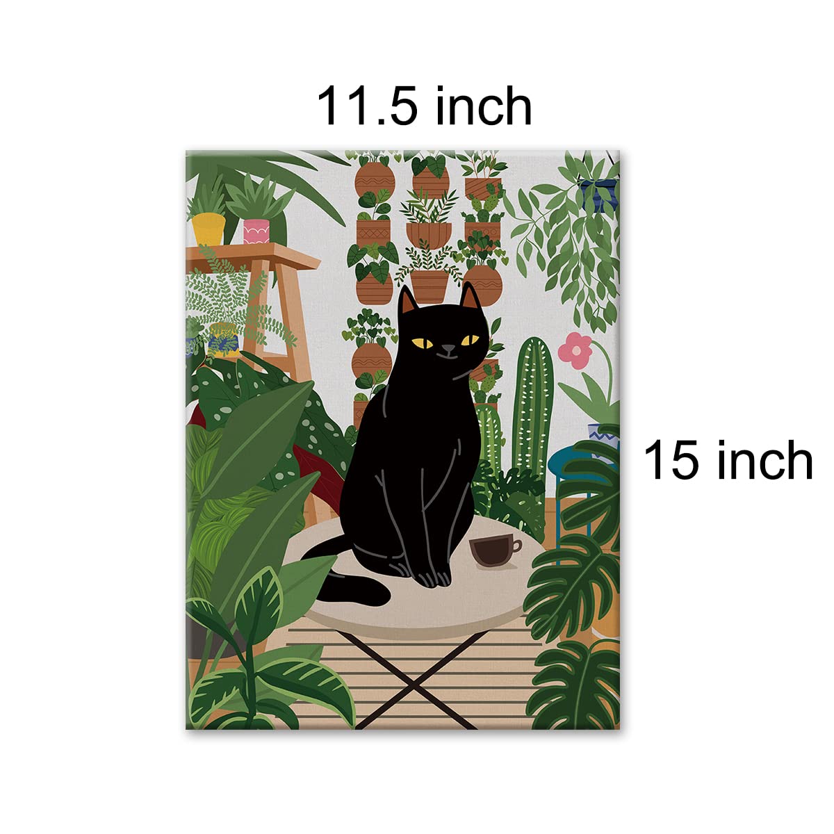 Black Cat and Plants Canvas Wall Art Poster Print, Modern Botanical Black Cat Painting Ready to Hang Home Office Living Room Decor Gift (11.5" x 15")