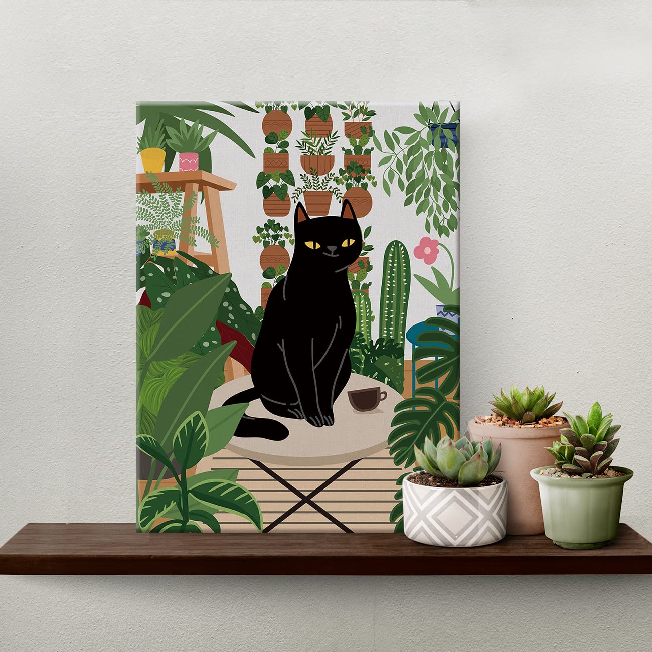 Black Cat and Plants Canvas Wall Art Poster Print, Modern Botanical Black Cat Painting Ready to Hang Home Office Living Room Decor Gift (11.5" x 15")