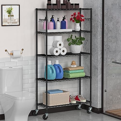 5 Tier Wire Shelving with Wheels,Ecoyomi Metal Shelves for Storage Heavy Duty,Garage Shelving,Shelving Units and Storage,Metal Shelf for Restaurant Garage Pantry Kitchen Garage Rack(14D x 36W x 75H)