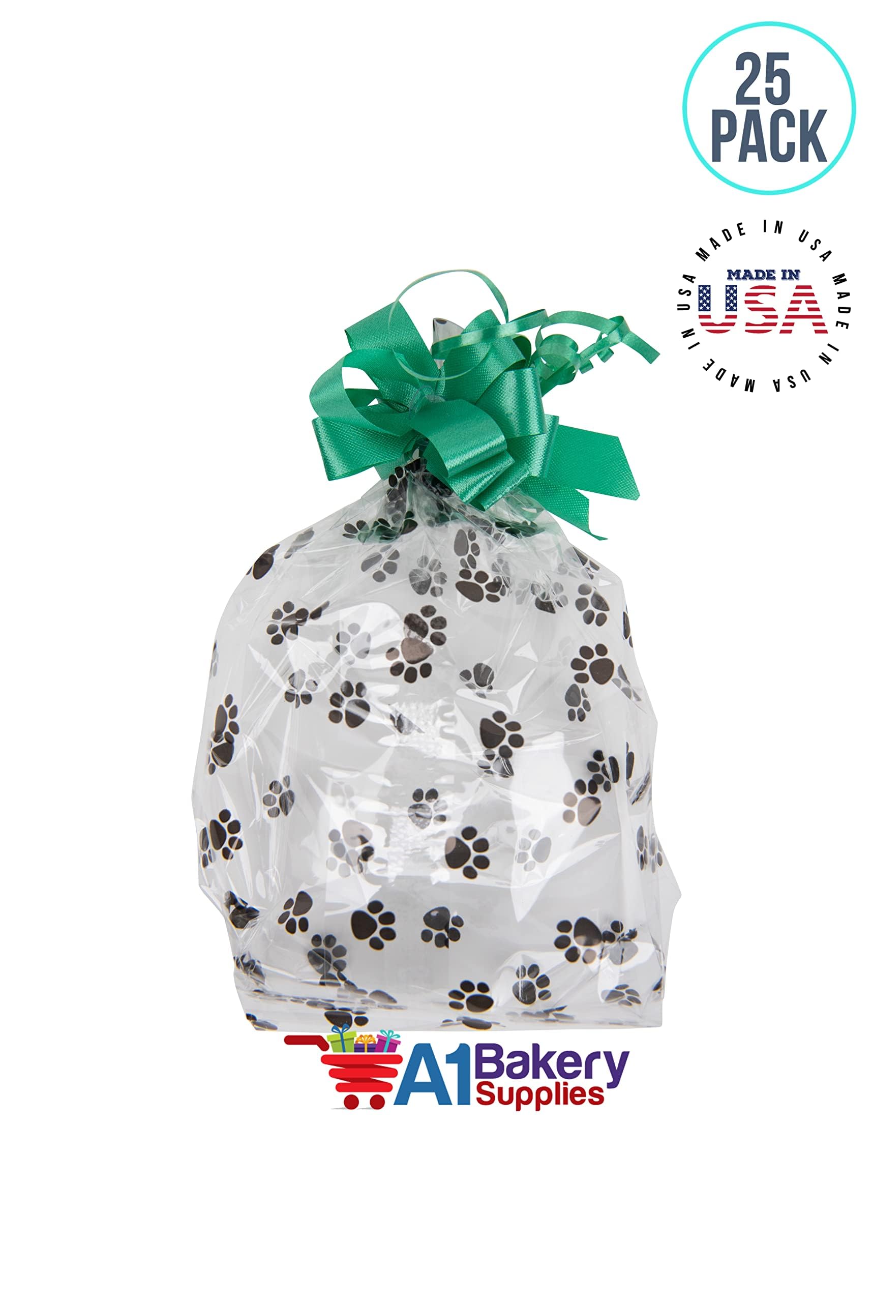 A1BakerySupplies® 25 Pack Paw Print Design Printed Cellophane Bags 4 In X 2 In X 9 In