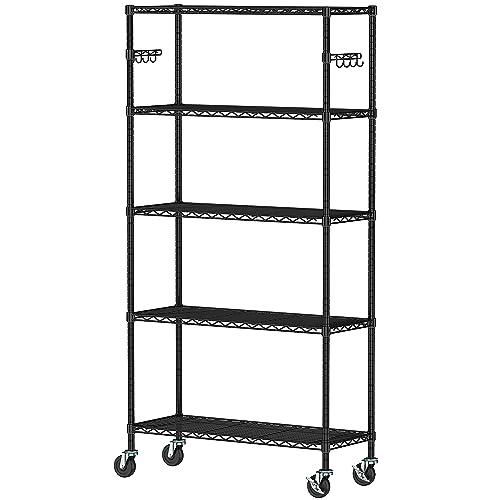 5 Tier Wire Shelving with Wheels,Ecoyomi Metal Shelves for Storage Heavy Duty,Garage Shelving,Shelving Units and Storage,Metal Shelf for Restaurant Garage Pantry Kitchen Garage Rack(14D x 36W x 75H)