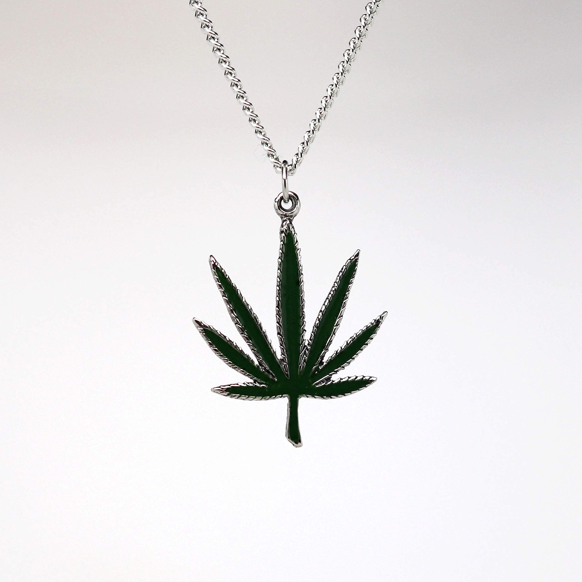 Real Metal Marijuana Weed Pot Leaf Green Enamel on Silver Finish Pewter Pendant Necklace