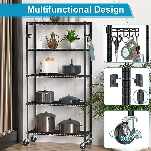 5 Tier Wire Shelving with Wheels,Ecoyomi Metal Shelves for Storage Heavy Duty,Garage Shelving,Shelving Units and Storage,Metal Shelf for Restaurant Garage Pantry Kitchen Garage Rack(14D x 36W x 75H)
