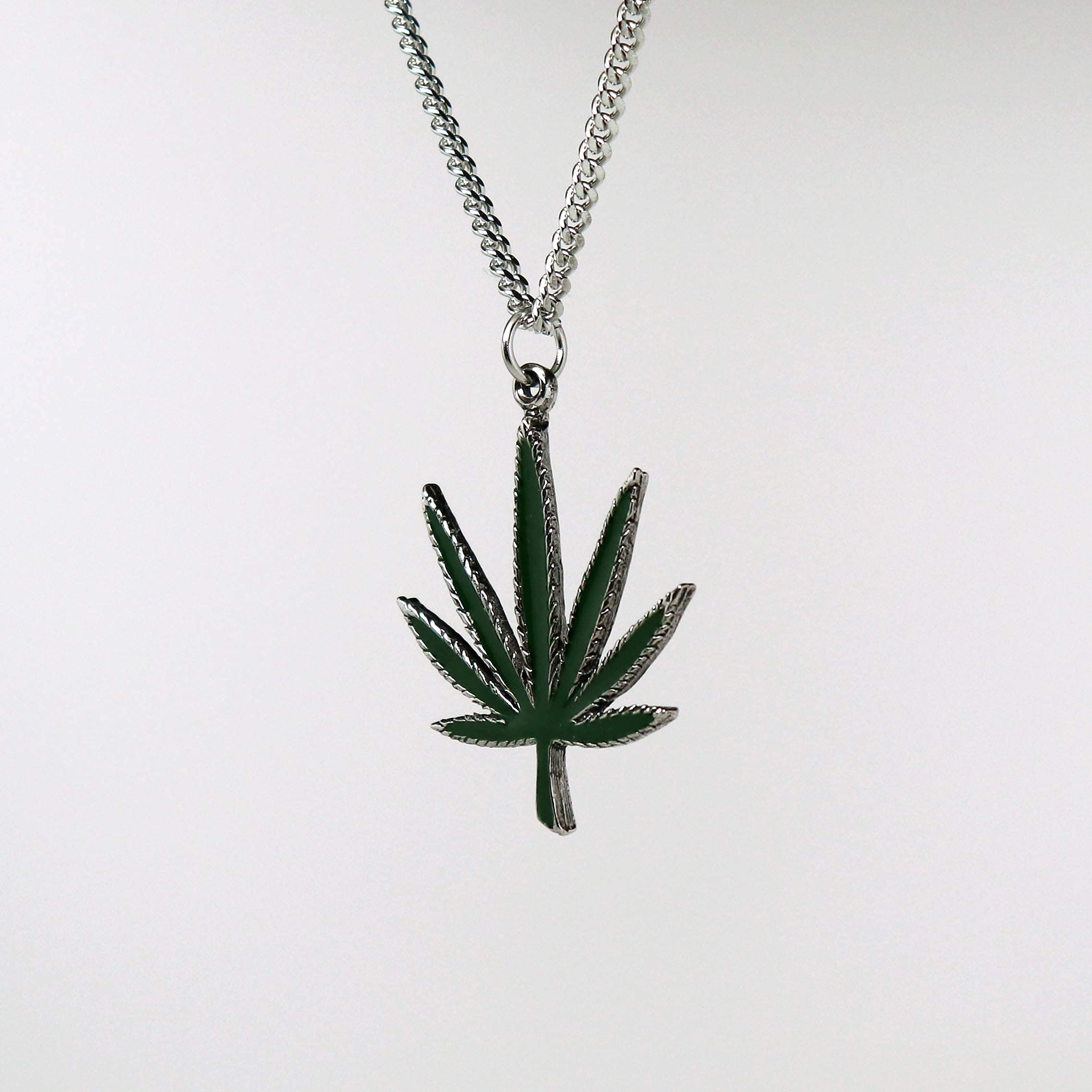 Real Metal Marijuana Weed Pot Leaf Green Enamel on Silver Finish Pewter Pendant Necklace