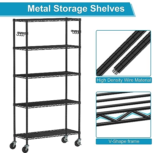 5 Tier Wire Shelving with Wheels,Ecoyomi Metal Shelves for Storage Heavy Duty,Garage Shelving,Shelving Units and Storage,Metal Shelf for Restaurant Garage Pantry Kitchen Garage Rack(14D x 36W x 75H)