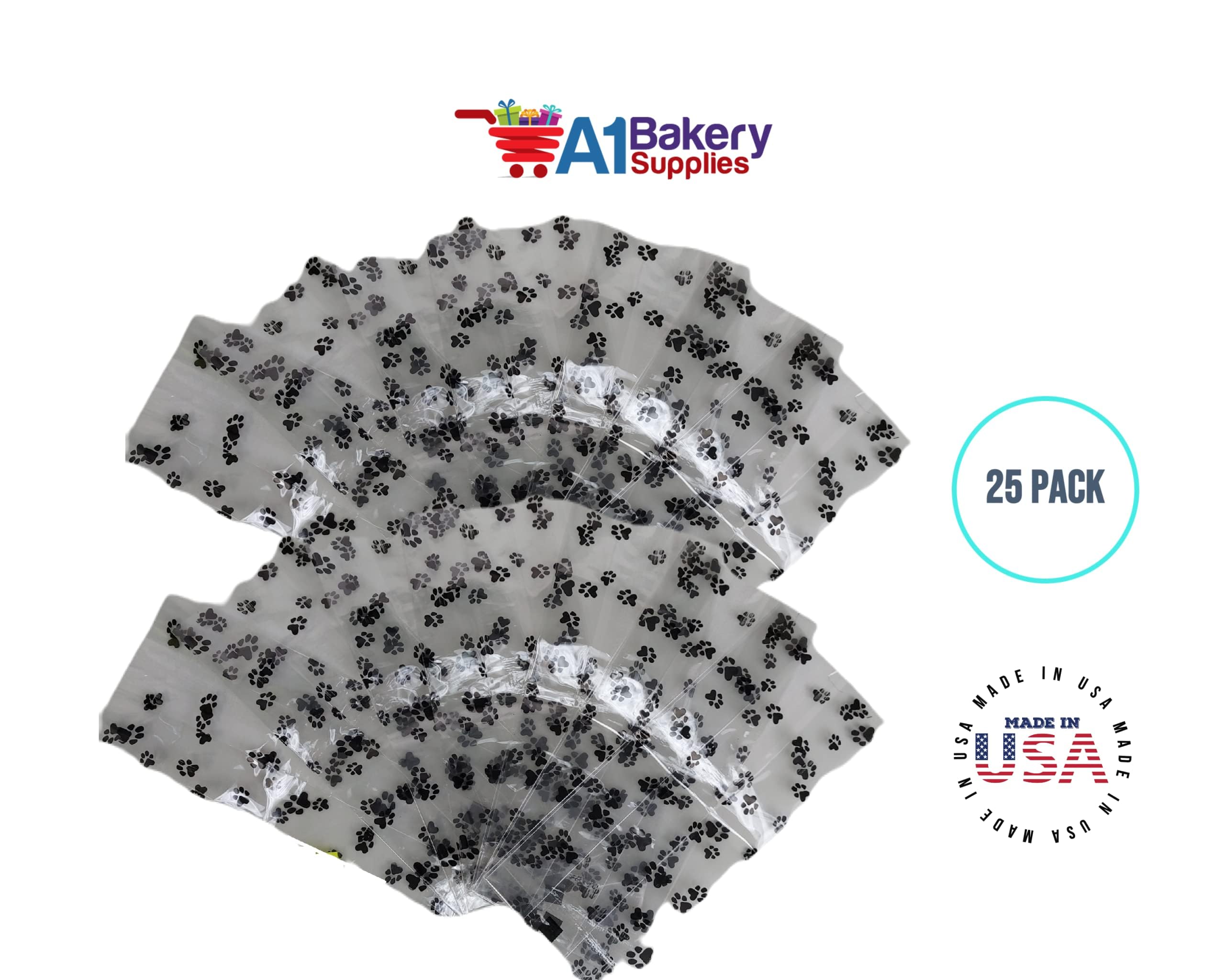A1BakerySupplies® 25 Pack Paw Print Design Printed Cellophane Bags 4 In X 2 In X 9 In