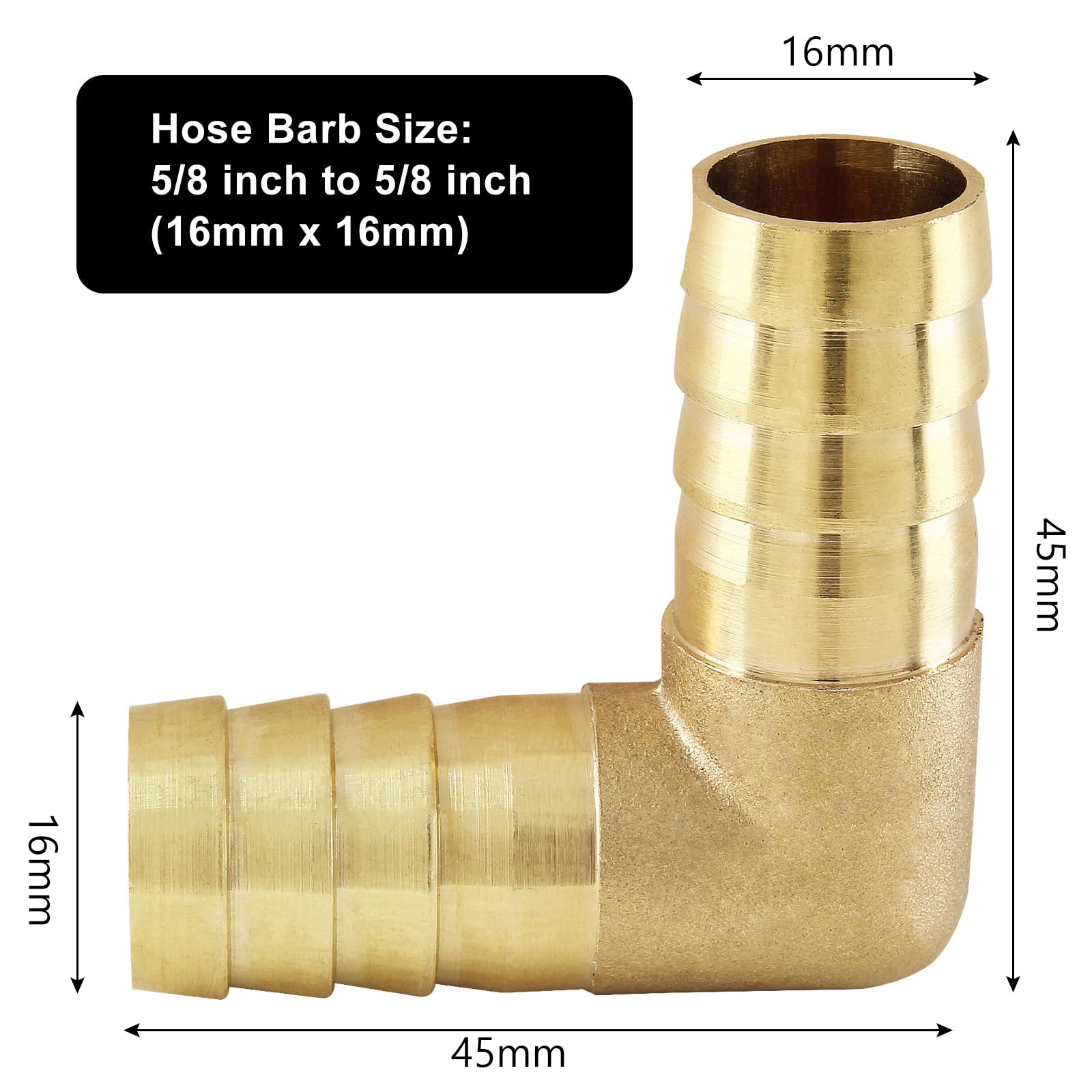 Zorfeter 2 Pack Brass Hose Barb Fitting 5/8" 16mm Hose ID/Hose Barb 90 Degree L Right Angle Elbow Barbed Brass Fitting