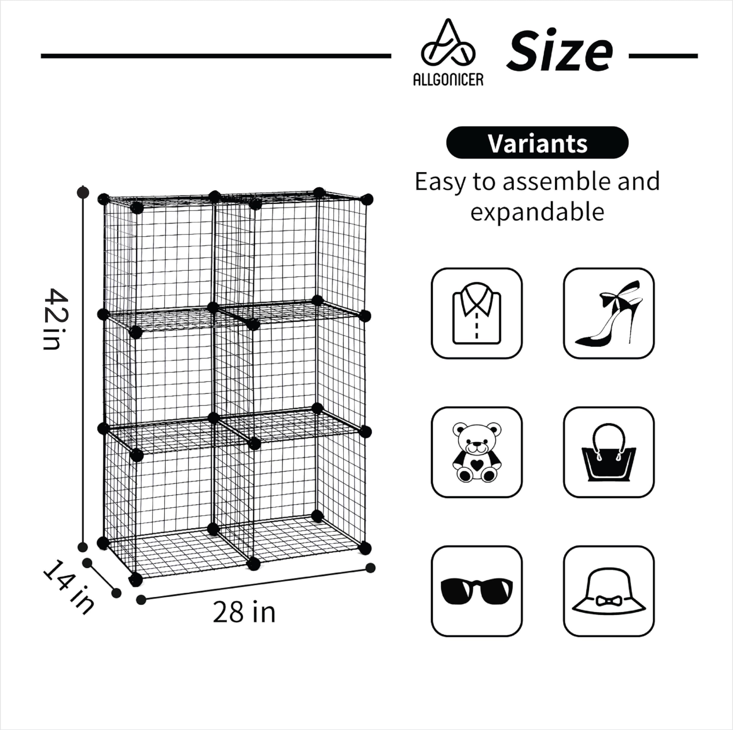 AllGoNicer 14"x14" Wire Grid Shelf Cubes, Patented Design, Sturdy and Long Last, Floor-Stand or Wall-Hang, Easy DIY Assembly (6cubes/23panels, White)