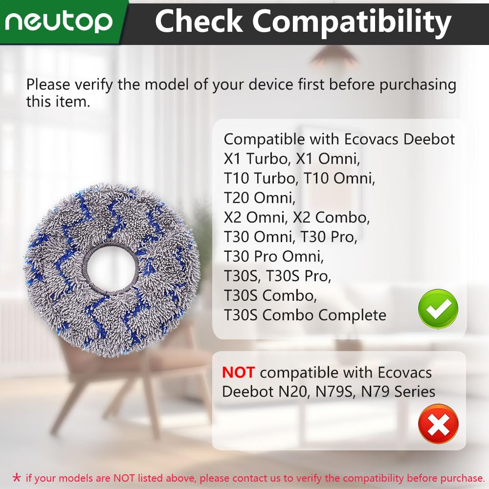 neutop Replacement Mopping Pads Microfiber Mop Cloths Compatible with Ecovacs Deebot X1 Turbo/Omni, T10 Turbo/Omni, T20, X2, Robot Vacuums Parts Accessories, 4-Pack.