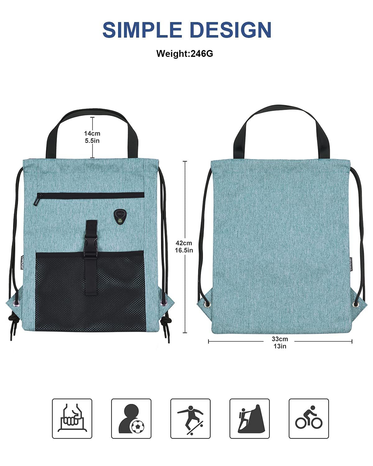 LIVACASA Drawstring Bag Gym with Pockets Sports Sack with Handle Drawstring Backpack Travel for Men Women