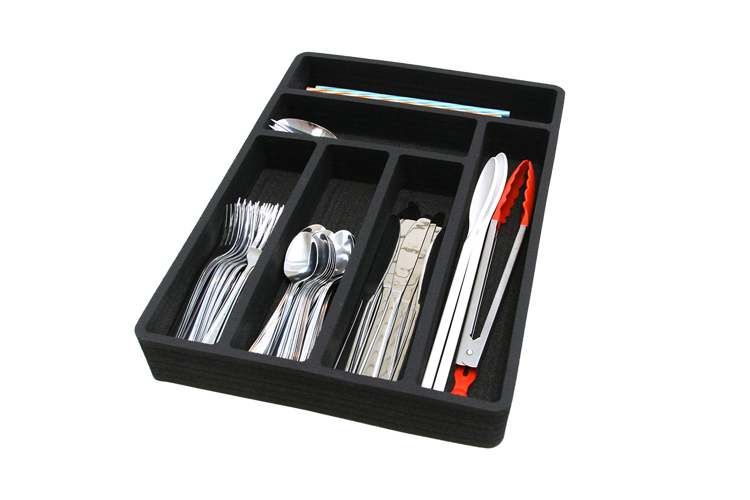 Polar Whale Flatware Silverware Drawer Organizer Premium Dividers for Cutlery Forks Knives Spoons Serving Utensils Non-Slip Waterproof Tray Insert 12.75 X 18 Inches 6 Slot Extra Deep