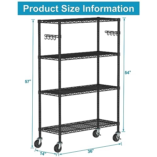 4 Tier Wire Shelving Unit with Wheels, Storage Rack Shelves Heavy Duty Metal Shelves, Commercial Steel Wire Shelving Storage Shelf Organizer for Kitchen Garage Warehouse Office (36W x 14D x 57H)