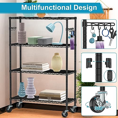 4 Tier Wire Shelving Unit with Wheels, Storage Rack Shelves Heavy Duty Metal Shelves, Commercial Steel Wire Shelving Storage Shelf Organizer for Kitchen Garage Warehouse Office (36W x 14D x 57H)