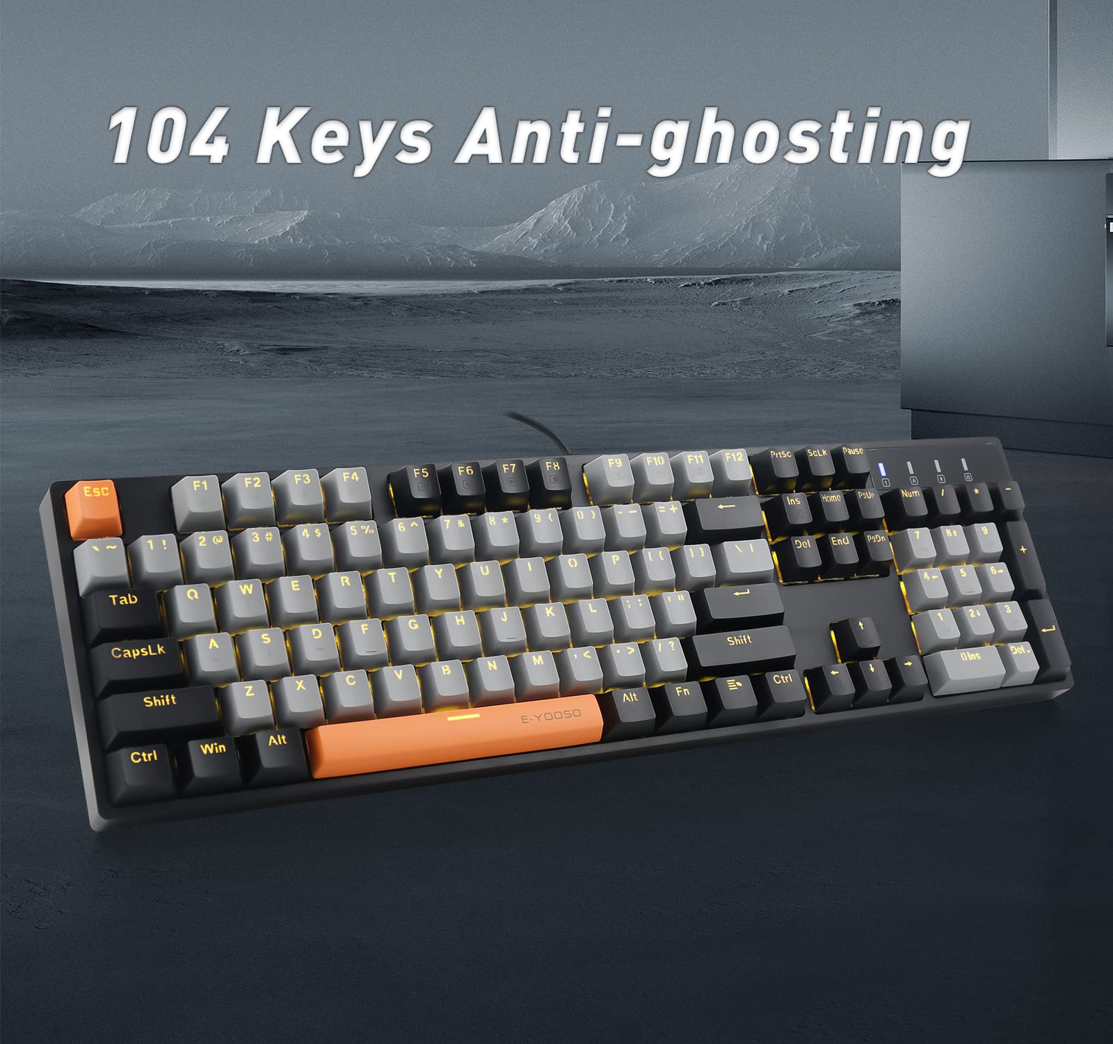 E-YOOSO Z-14 Mechanical Gaming Keyboard 104 Key, Red Switch Full-Size Computer Keyboards, Solid Yellow Backlit Mechanical Keyboard for PC Gamer, Black