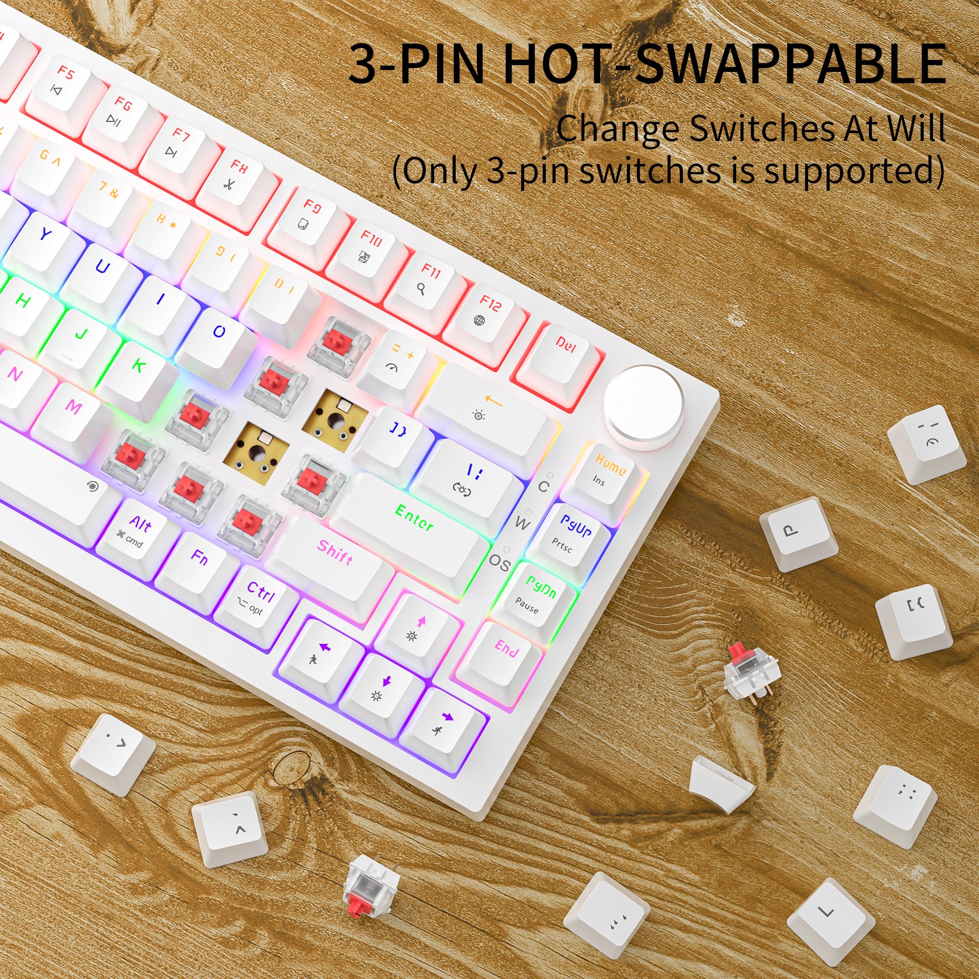 Newmen GM326 75% Percent Mechanical Keyboard,Wired Mini Backlit Hot Swappable Gaming Mechanical Keyboard with Knob,82 Keys Anti-Ghosting Compact White Gaming Keyboard for PC Win Mac,Red Switch