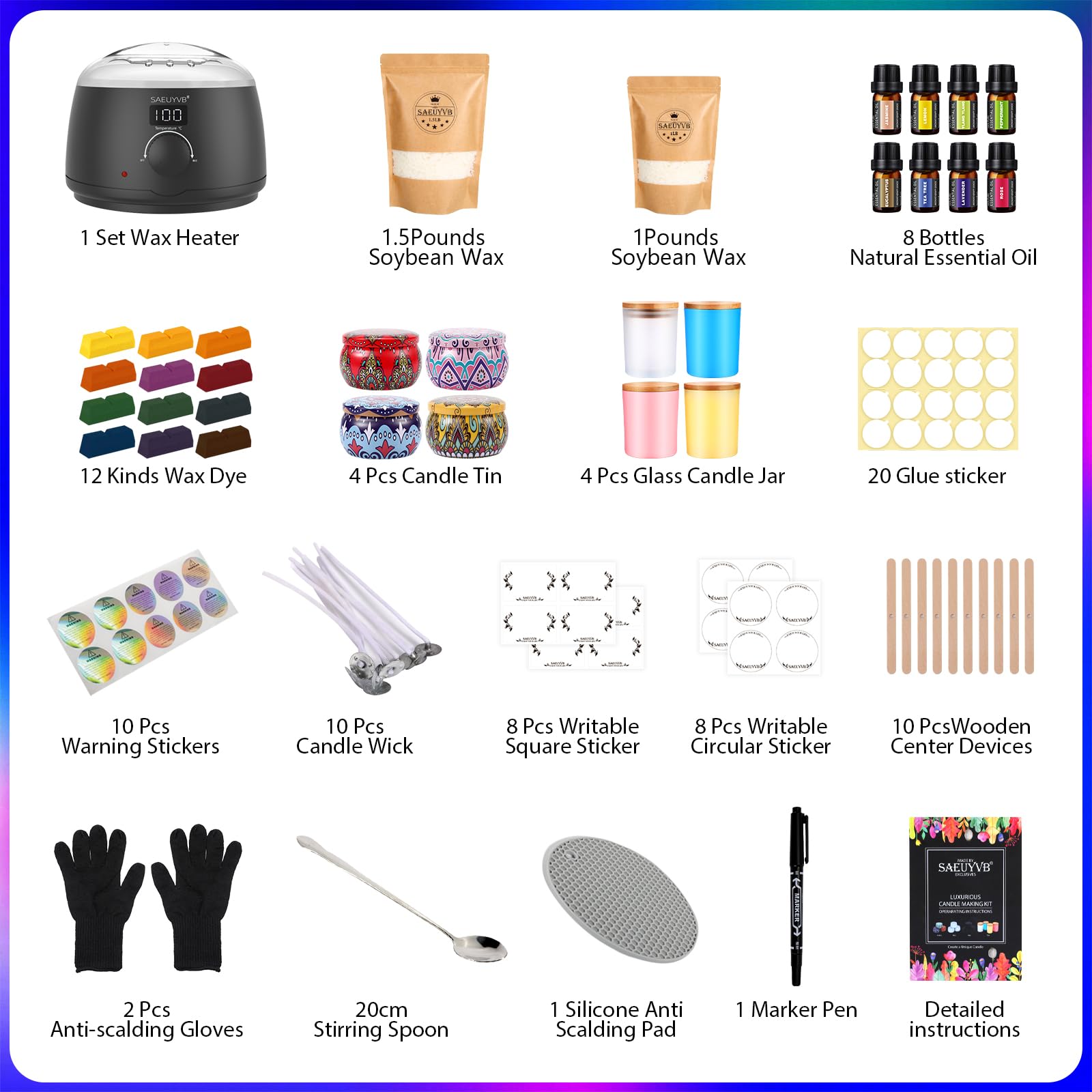 SAEUYVB Candle Making Kit - Candle Making Kit for Adult - Candle Making Kit with Hot Plate - Full Set Candle Making Supplies - DIY Starter Soy Candle Making Kit - Perfect as Home Decorations