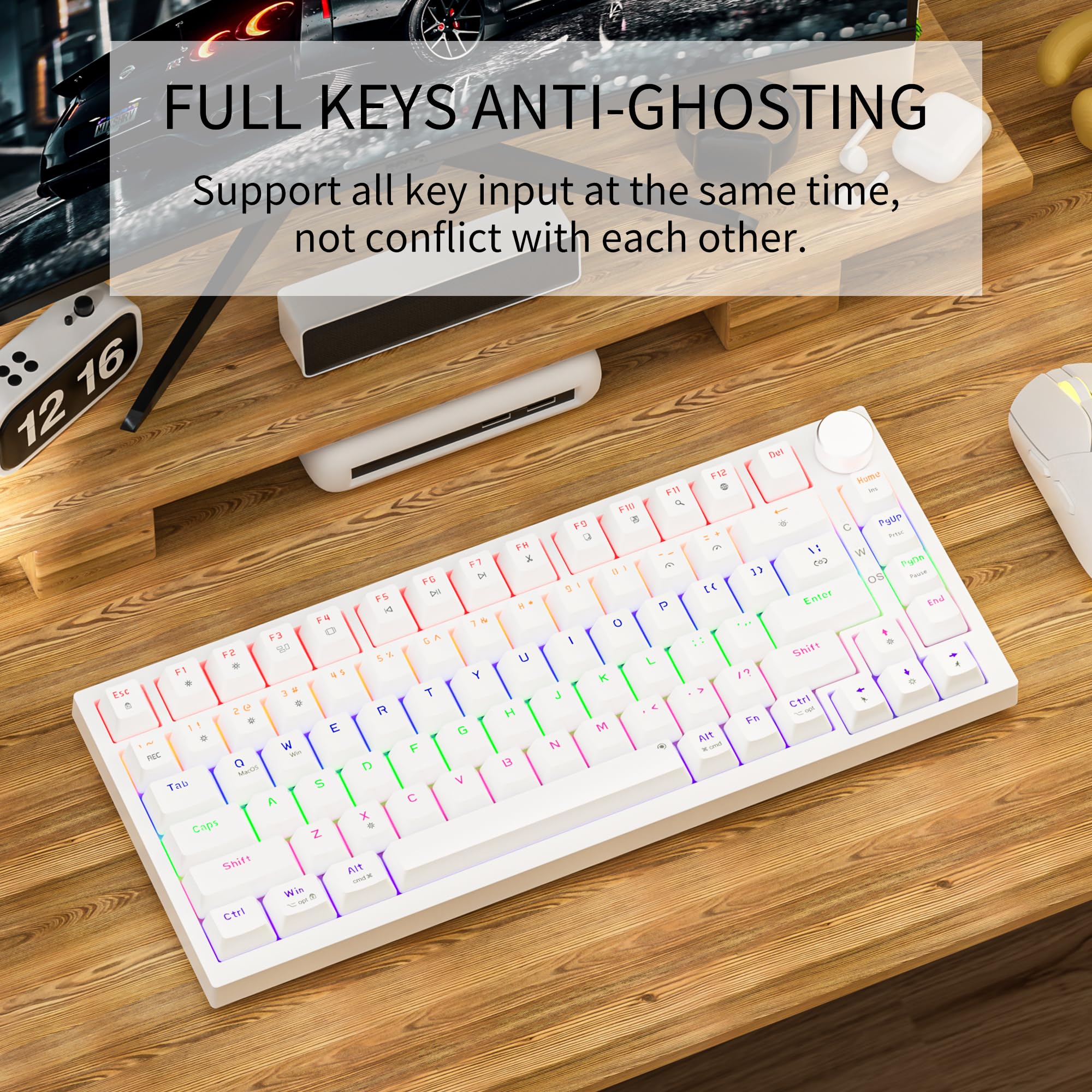 Newmen GM326 75% Percent Mechanical Keyboard,Wired Mini Backlit Hot Swappable Gaming Mechanical Keyboard with Knob,82 Keys Anti-Ghosting Compact White Gaming Keyboard for PC Win Mac,Red Switch