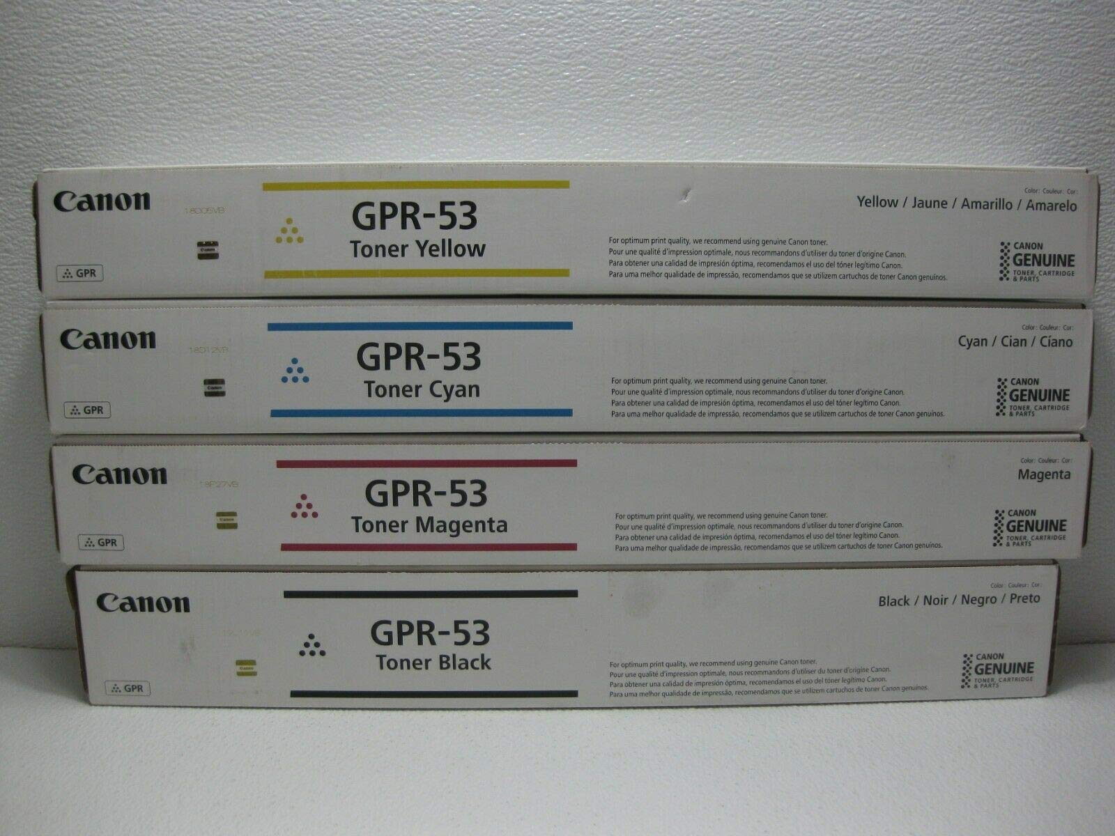 Genuine Original Canon GPR-53 Toner Cartridges Set Black Cyan Magenta Yellow for: Canon ImageRunner Advance C3325 C3330 C3525 C3530 C3025 w/ micro acetoner cloth.
