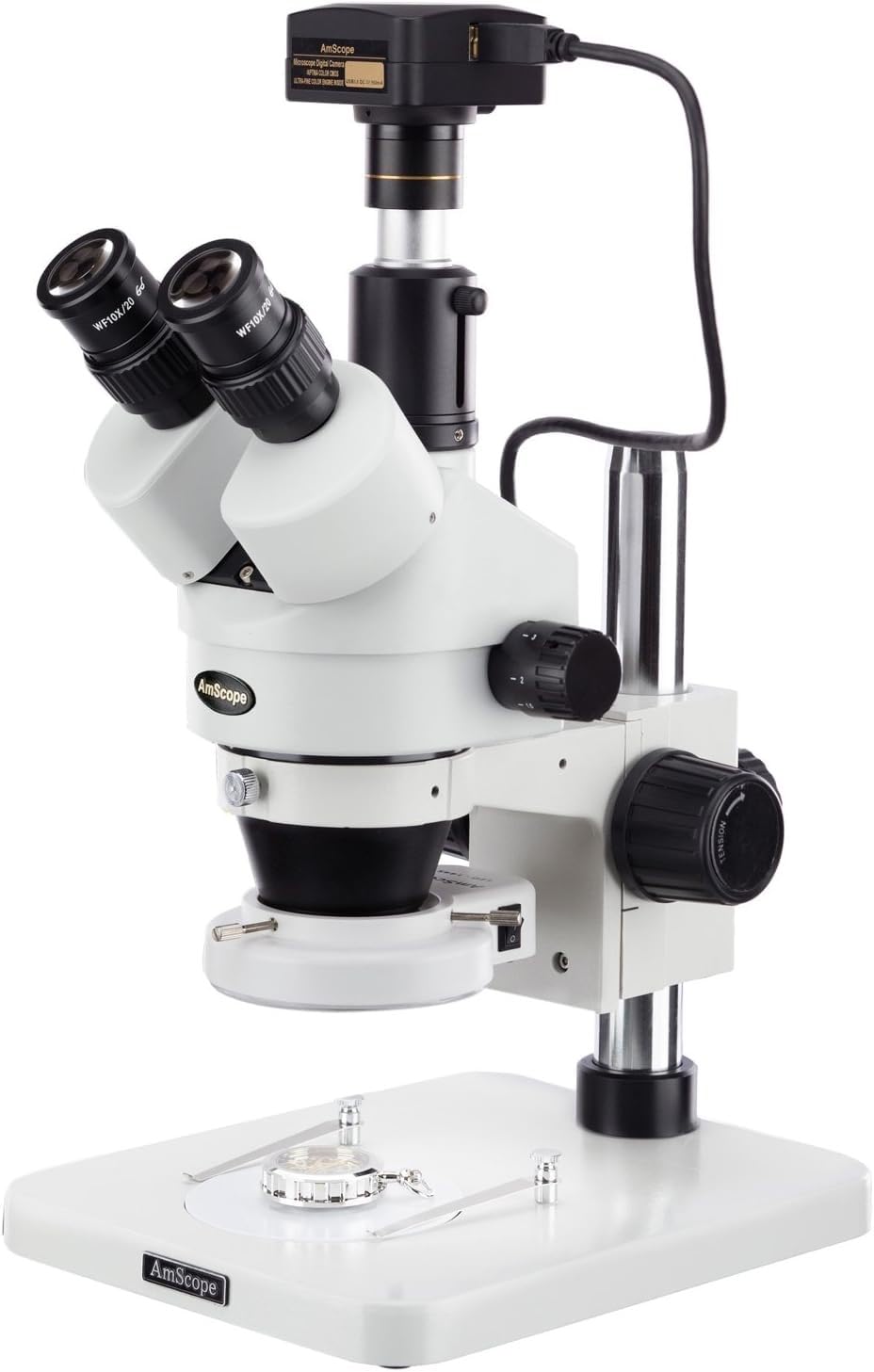 AmScope SM-1TSZ-144S-5M Digital Professional Trinocular Stereo Zoom Microscope, WH10x Eyepieces, 3.5X-90X Magnification, 0.7X-4.5X Zoom Objective, 144-Bulb LED Ring Light, Pillar Stand, 110V-240V, Includes 0.5X and 2.0X Barlow Lenses and 5MP Camera with R