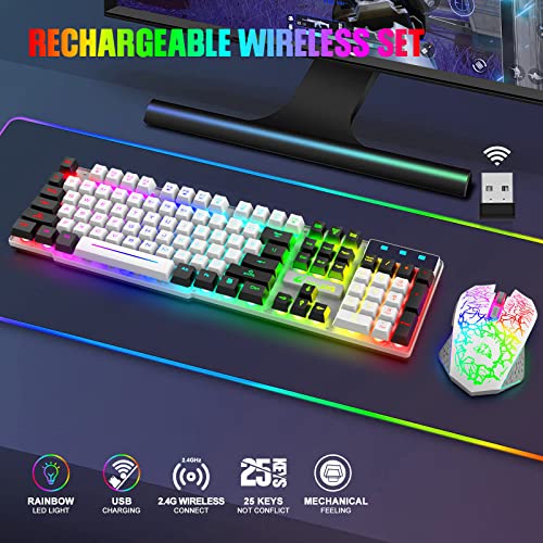 Wireless Gaming Keyboard and Mouse Combo Muti-Color Keycaps Rainbow Backlit Mechanical Feel Keyboard RGB Carck Luminescent Mice Mouse Pad for PC/Mac Gamer, Typist, Travel