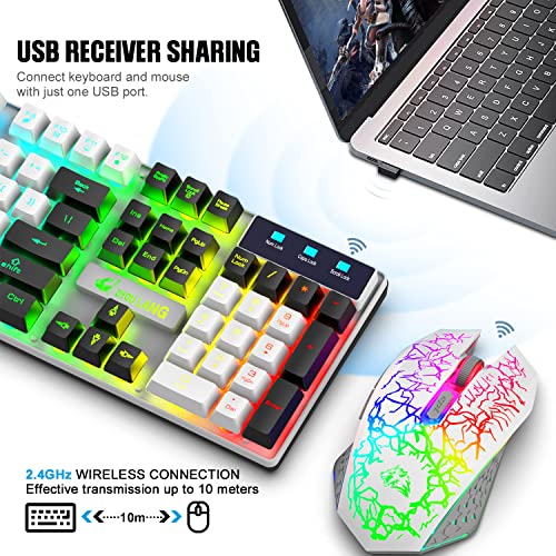 Wireless Gaming Keyboard and Mouse Combo Muti-Color Keycaps Rainbow Backlit Mechanical Feel Keyboard RGB Carck Luminescent Mice Mouse Pad for PC/Mac Gamer, Typist, Travel