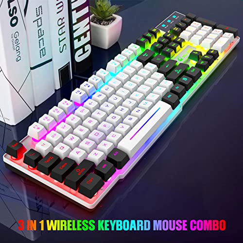 Wireless Gaming Keyboard and Mouse Combo Muti-Color Keycaps Rainbow Backlit Mechanical Feel Keyboard RGB Carck Luminescent Mice Mouse Pad for PC/Mac Gamer, Typist, Travel
