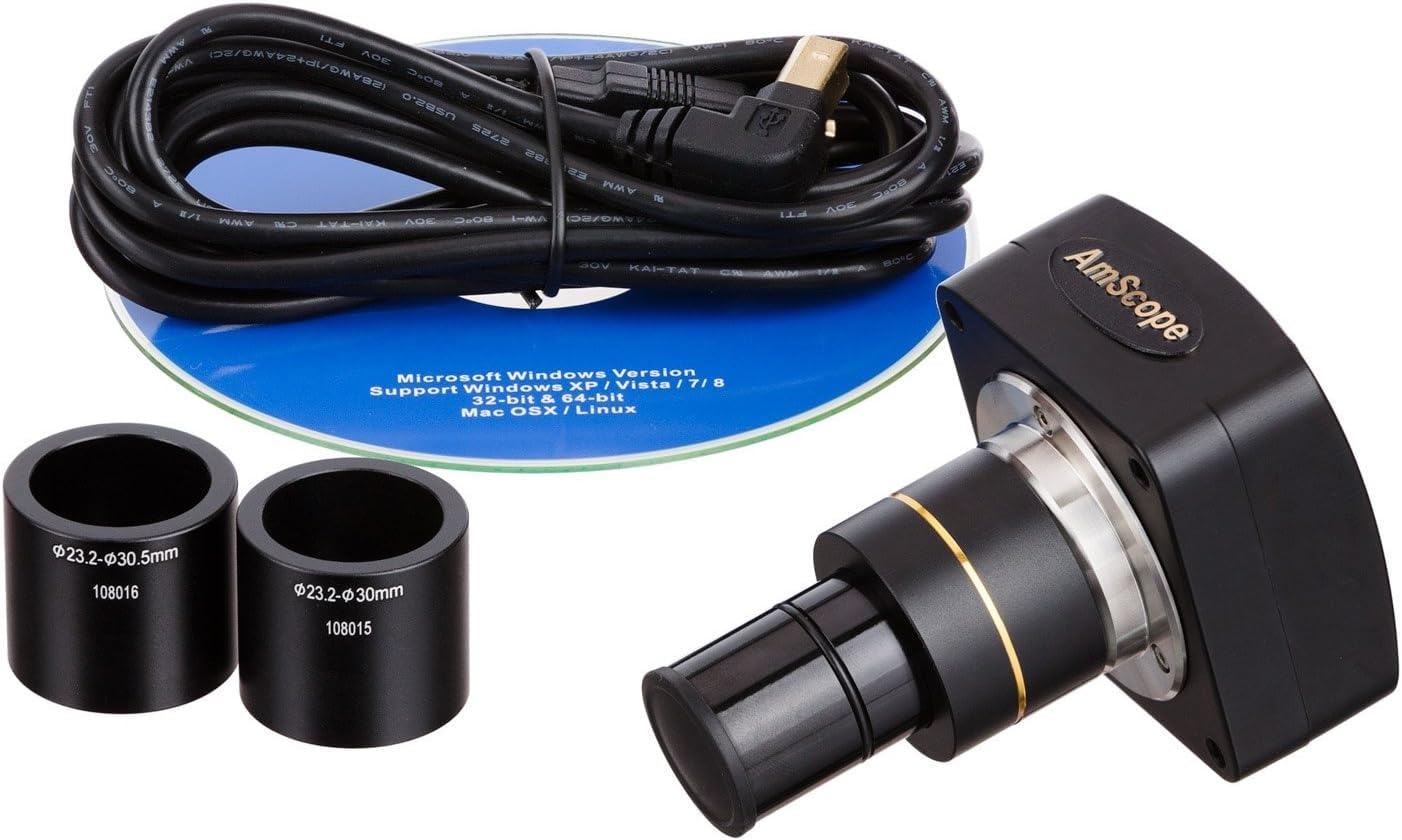 AmScope SM-1TSZ-144S-5M Digital Professional Trinocular Stereo Zoom Microscope, WH10x Eyepieces, 3.5X-90X Magnification, 0.7X-4.5X Zoom Objective, 144-Bulb LED Ring Light, Pillar Stand, 110V-240V, Includes 0.5X and 2.0X Barlow Lenses and 5MP Camera with R