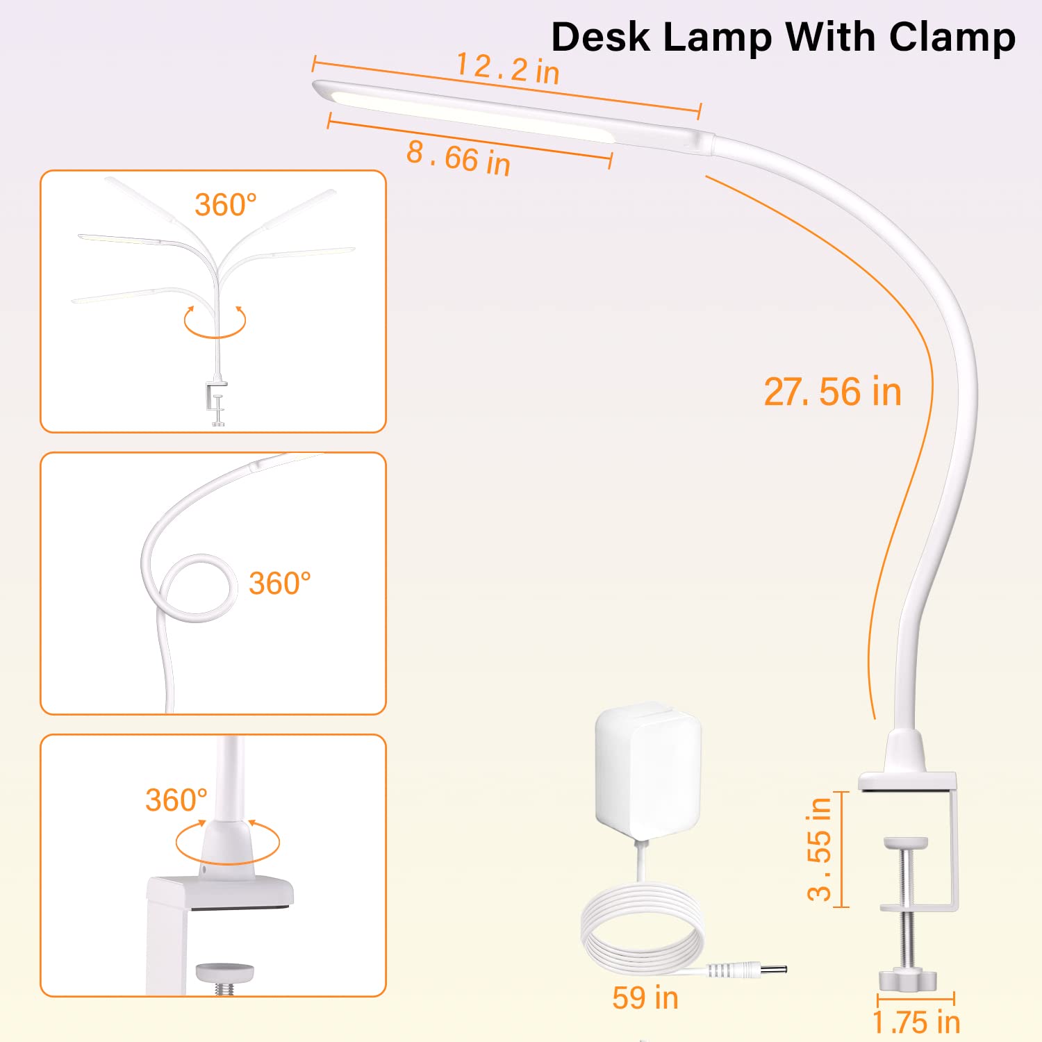 LED Desk Lamp With Clamp, 10W Gooseneck Lamps Touch Control,Swing Arm Clamp Lamp, Architect Clamp Desk Lamp Dimmable,Nail Lamp for Desk Table (White)