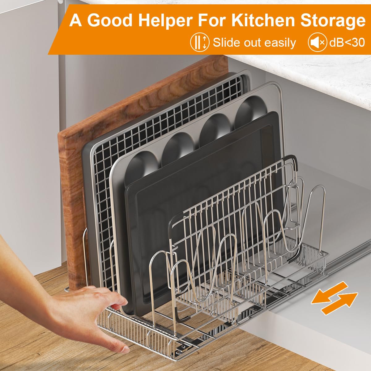 VyGrow Pots and Pans Organizer, Pull Out Pot and Pan Organizer for Cabinet Kitchen Pantry with 10 Adjustable Dividers, Heavy Duty Pan Organizer Rack 11Wx17.5Dx8.34H inch