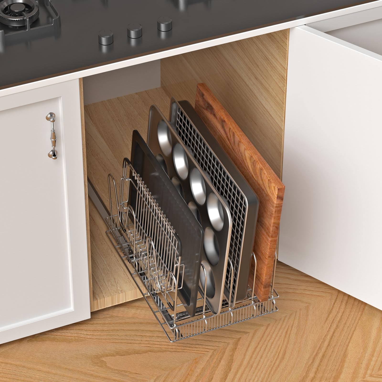 VyGrow Pots and Pans Organizer, Pull Out Pot and Pan Organizer for Cabinet Kitchen Pantry with 10 Adjustable Dividers, Heavy Duty Pan Organizer Rack 11Wx17.5Dx8.34H inch