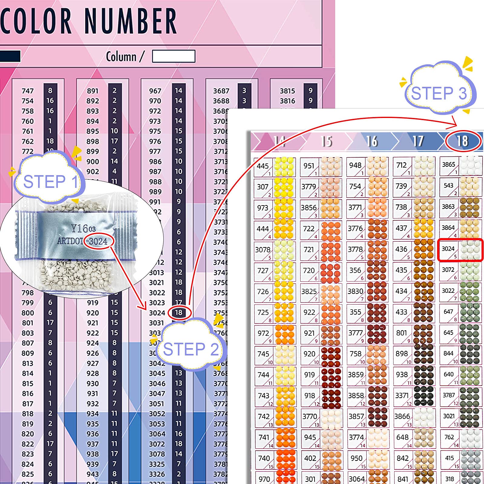 ARTDOT Color Card for Diamond Painting Kits, 5D Diamond Art Reference Tools with DMC Number Matching 445 Colors Diamond Painting Accessories