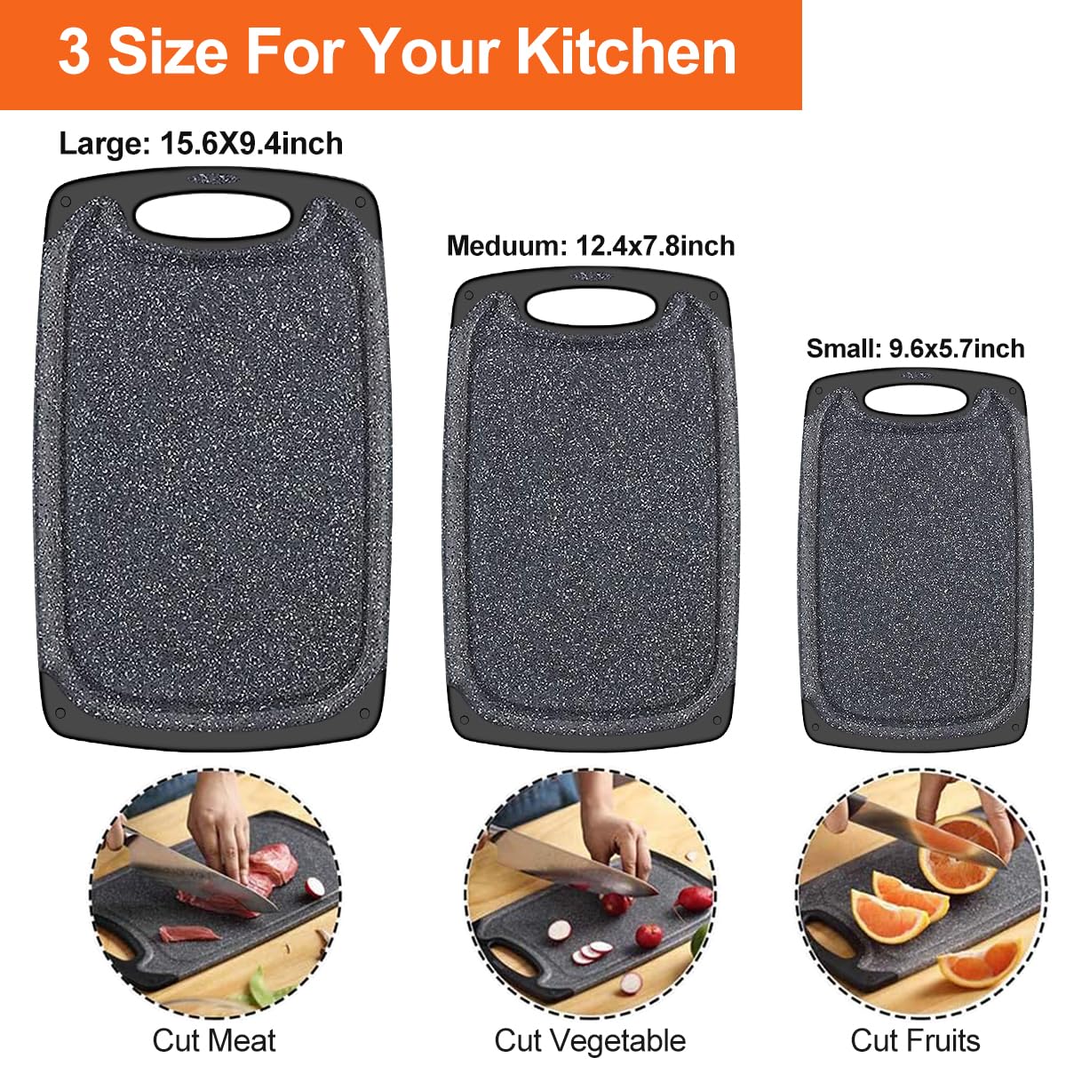 KIMIUP Kitchen Cutting Board (Set of 3),Professional Chopping Boards Sets,Dishwasher Safe Cutting Boards With Juice Grooves & Carrying Handle & No BPA