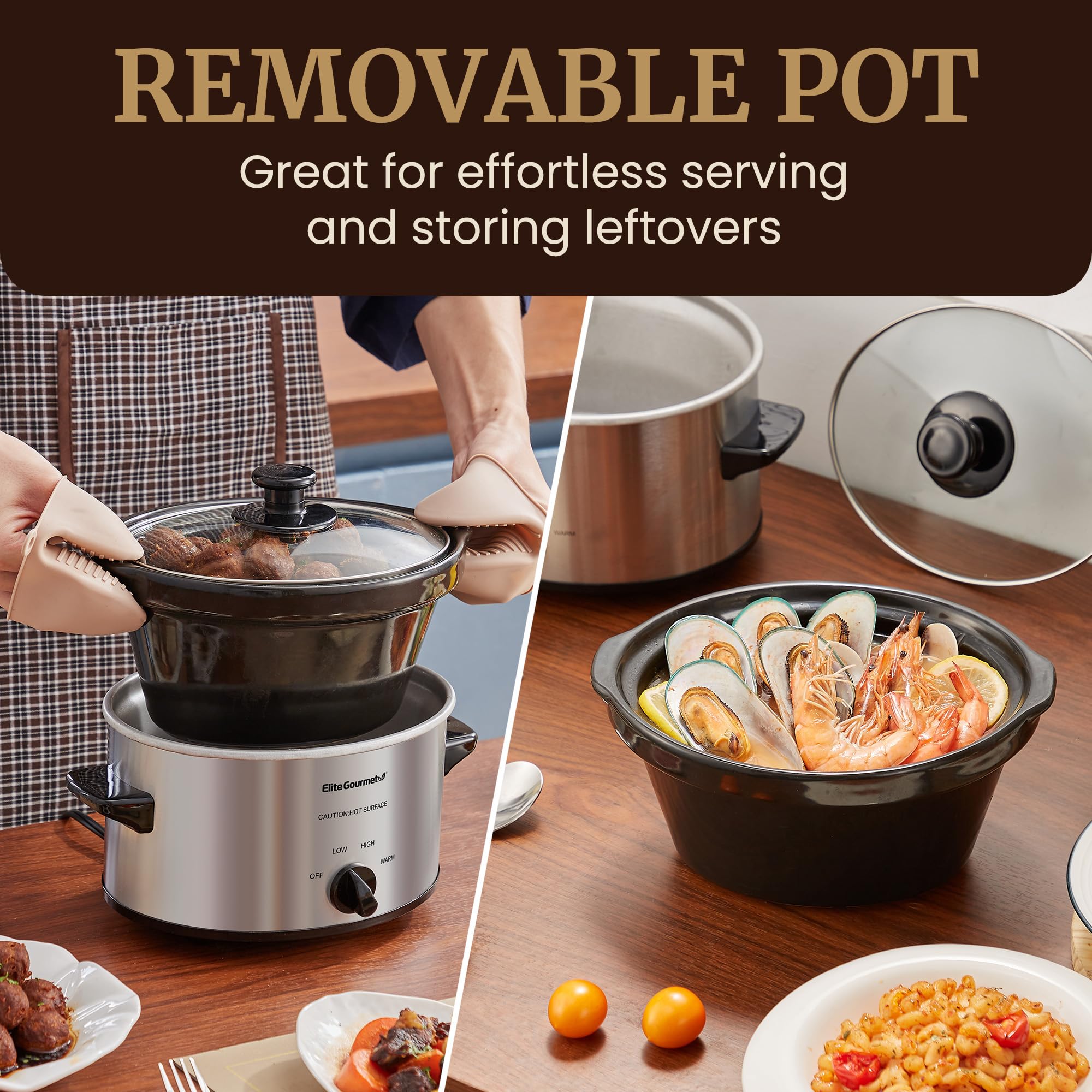Elite Gourmet MST-275XS Electric Oval Slow Cooker, Adjustable Temp, Entrees, Sauces, Stews & Dips, Dishwasher Safe Glass Lid & Crock (2 Quart, Stainless Steel)