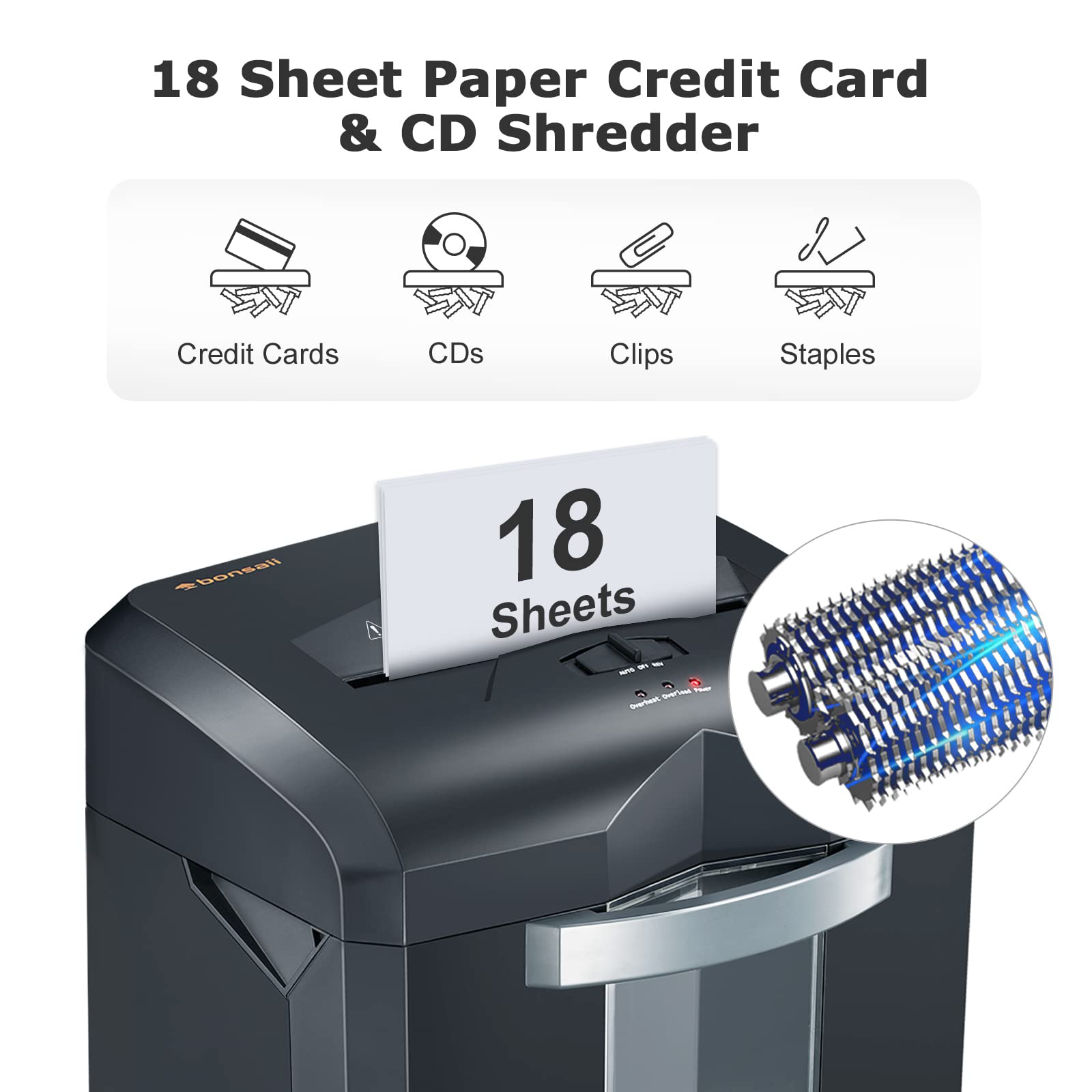 Bonsaii Paper Shredder, 18-Sheet 60-Minutes Paper Shredder for Office Heavy Duty Cross-Cut Shredder with 6 Gallon Pullout Basket & 4 Casters, Anti-Jam High Security Mail Shredder for Home Use(C149-C)