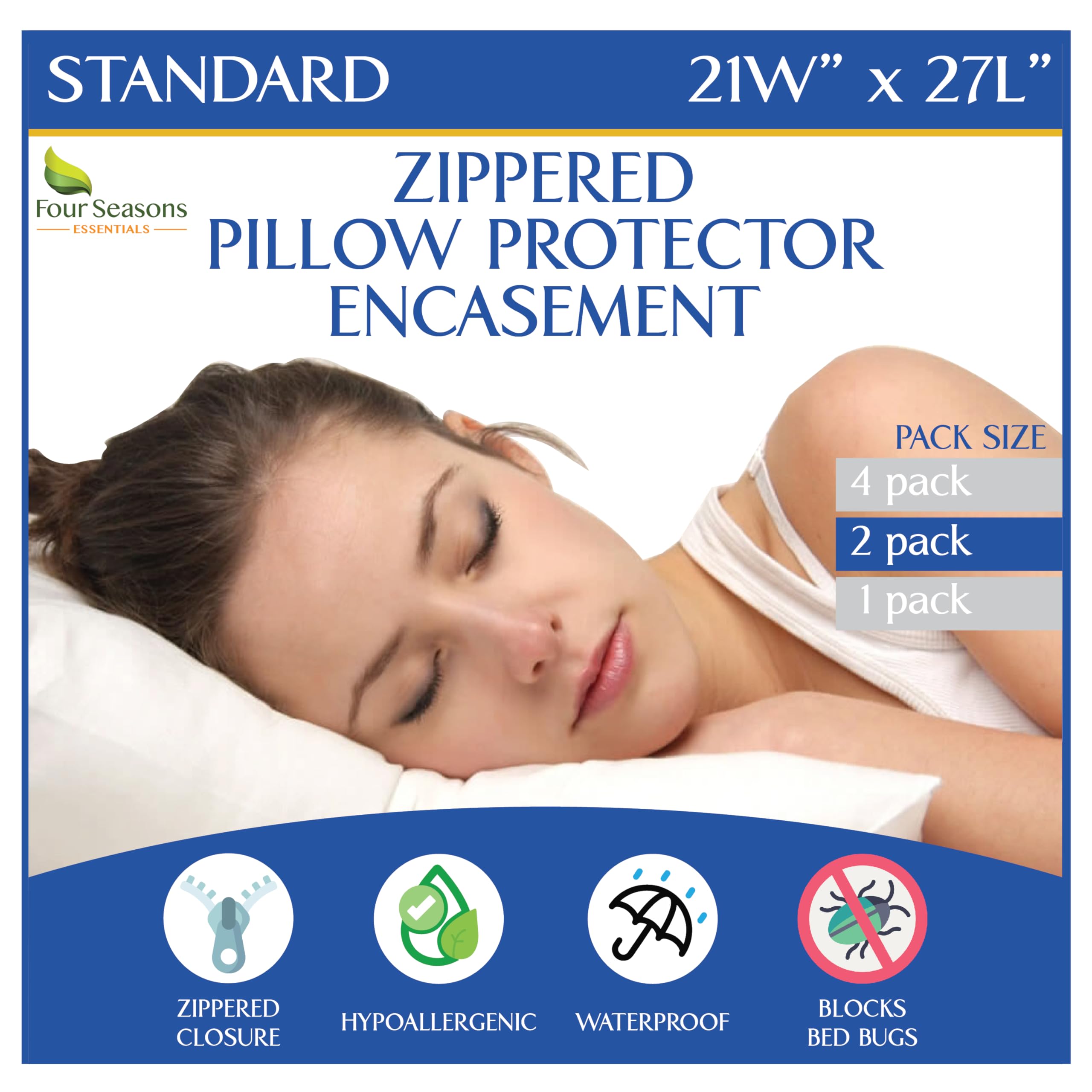 Four Seasons Essentials Standard Pillow Protectors (Set of 2) – Zippered Waterproof Pillow Covers Hypoallergenic Dust Proof Pillowcase Encasement Cover