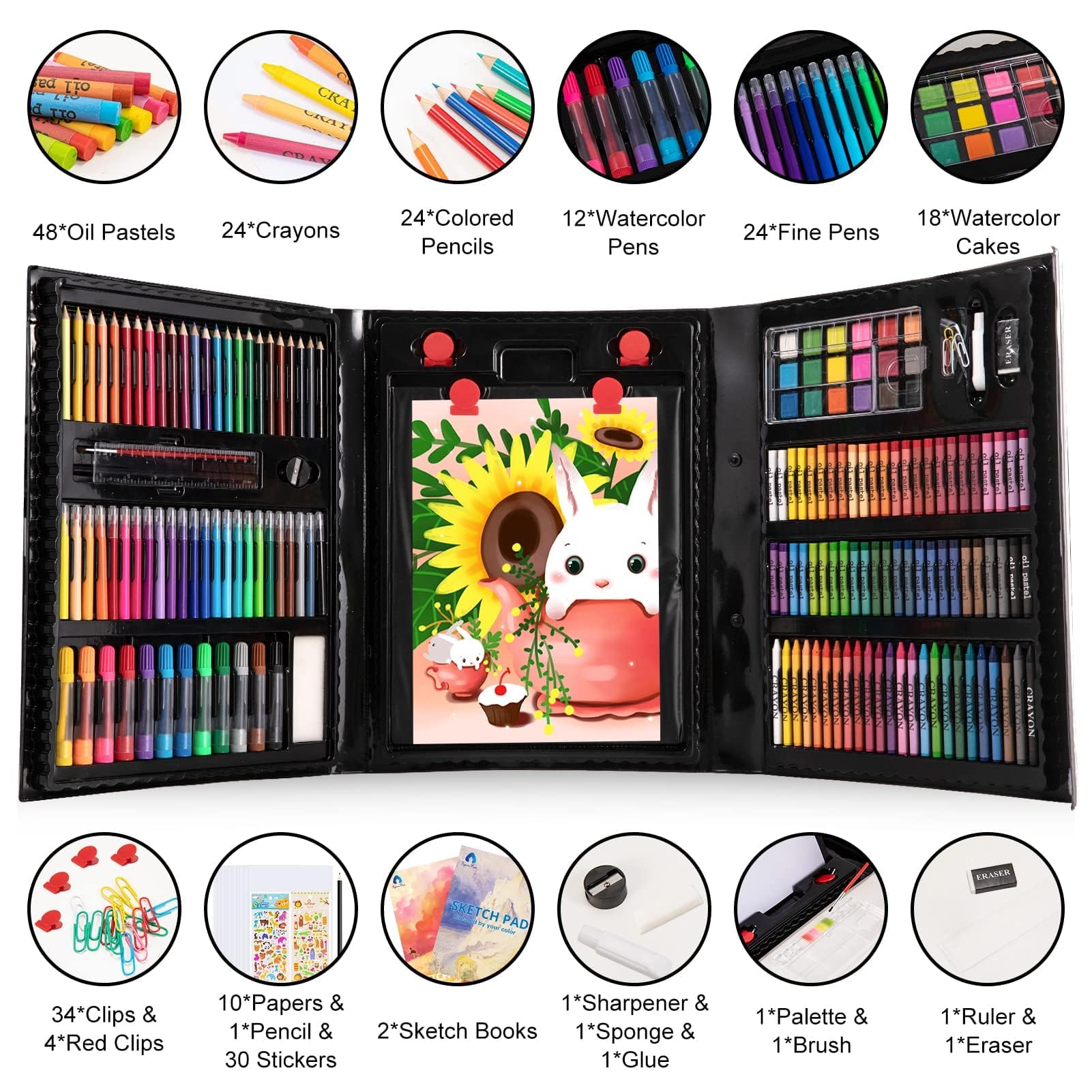 Art Supplies, 240-Piece Drawing Art Kit, Gifts Art Set Case with Double Sided Trifold Easel, Includes Oil Pastels, Crayons, Colored Pencils, Watercolor Cakes, Sketch Pad (Black)