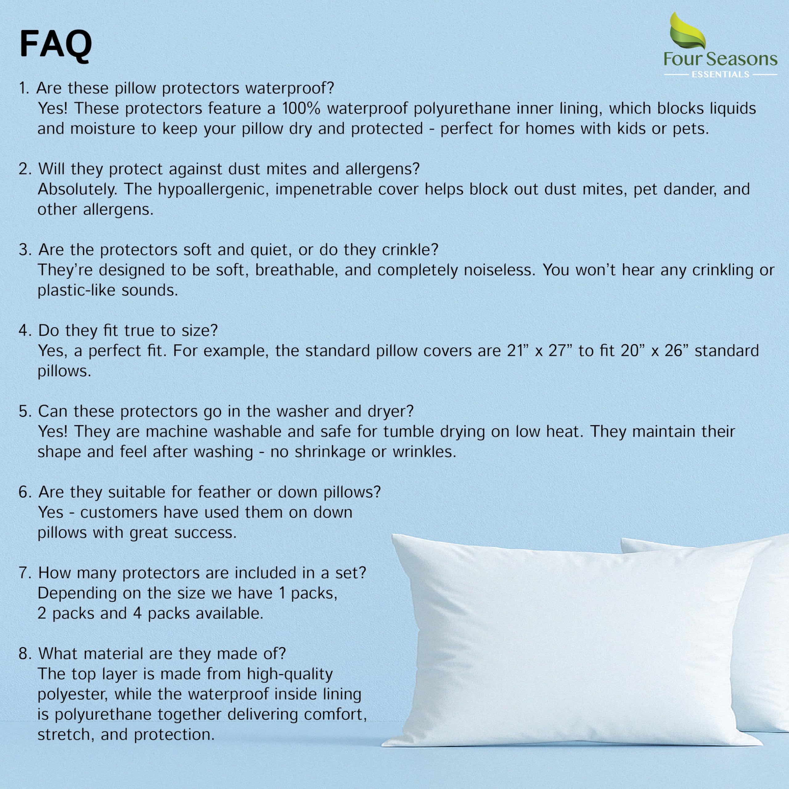 Four Seasons Essentials Standard Pillow Protectors (Set of 2) β Zippered Waterproof Pillow Covers Hypoallergenic Dust Proof Pillowcase Encasement Cover