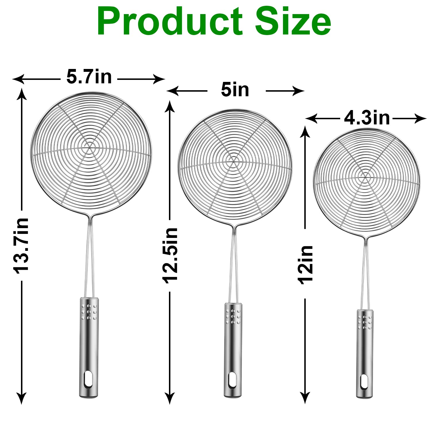 Swify Set of 3 Asian Strainer Ladle Stainless Steel Wire Skimmer Spoon with Handle for Kitchen Frying Food, Pasta, Spaghetti, Noodle-30.5cm, 32cm, 35cm